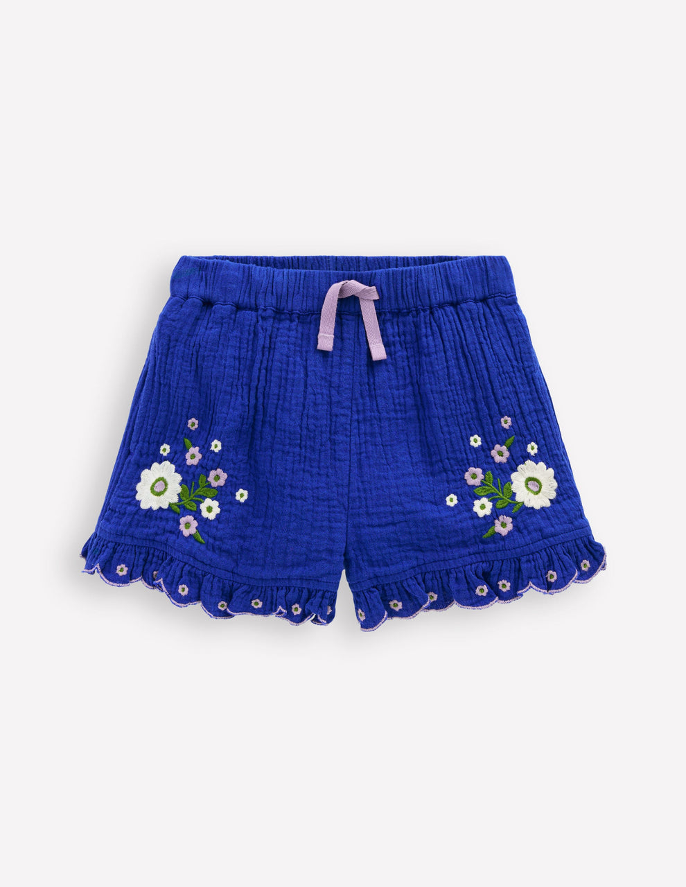 Double Cloth Frill Hem Shorts-Bright Blue Embroidered | Boden USA