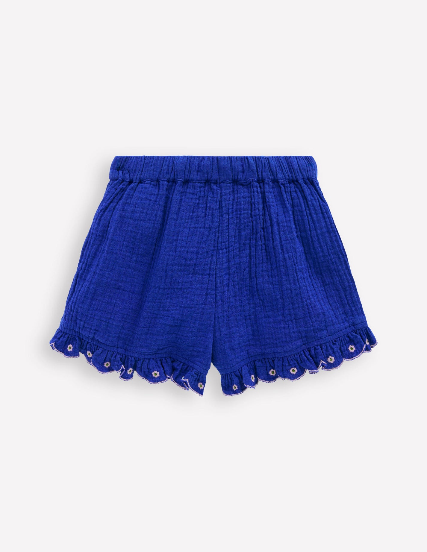 Double Cloth Frill Hem Shorts-Bright Blue Embroidered | Boden USA