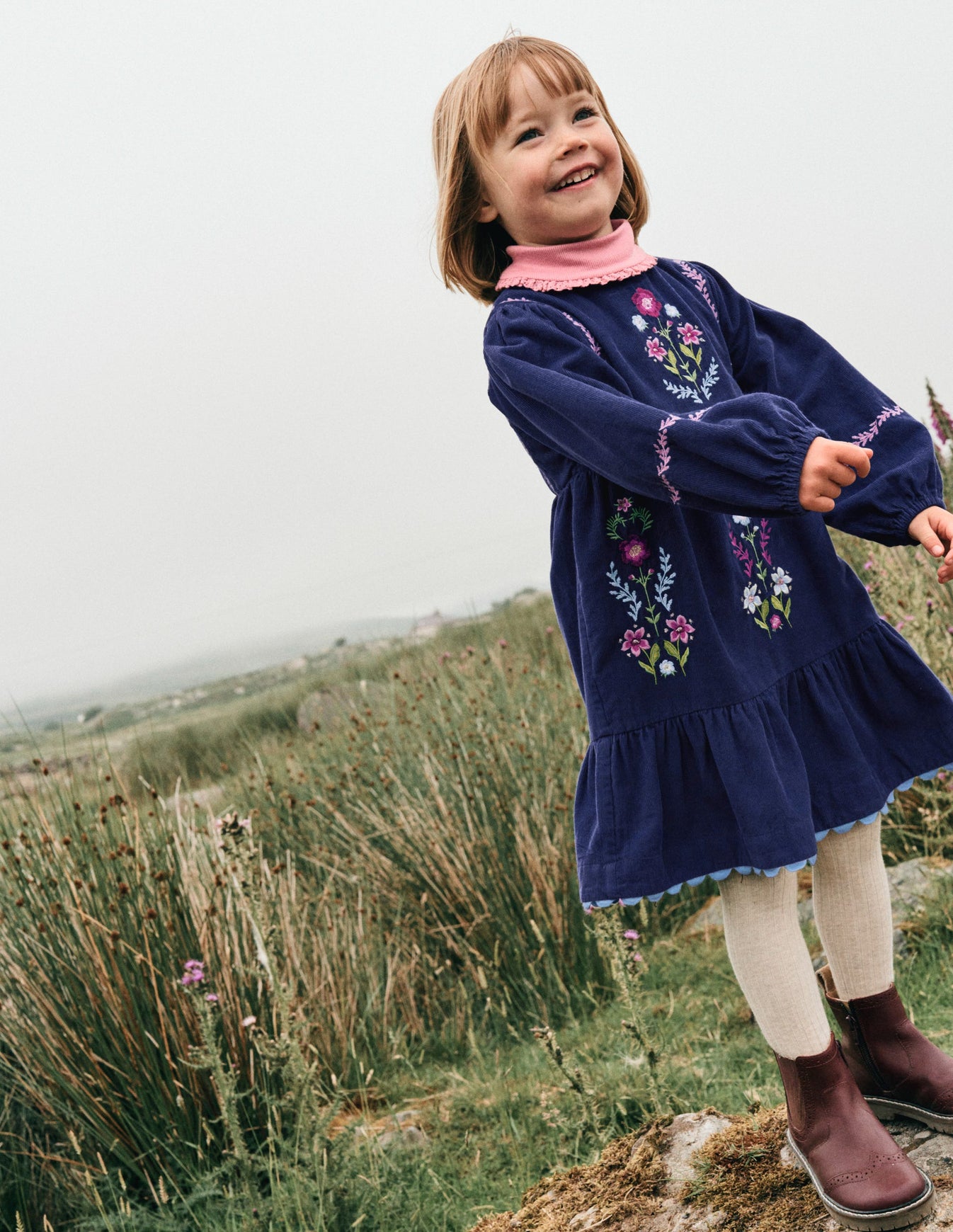 Clover Blouson Cord Dress-College Navy | Boden USA