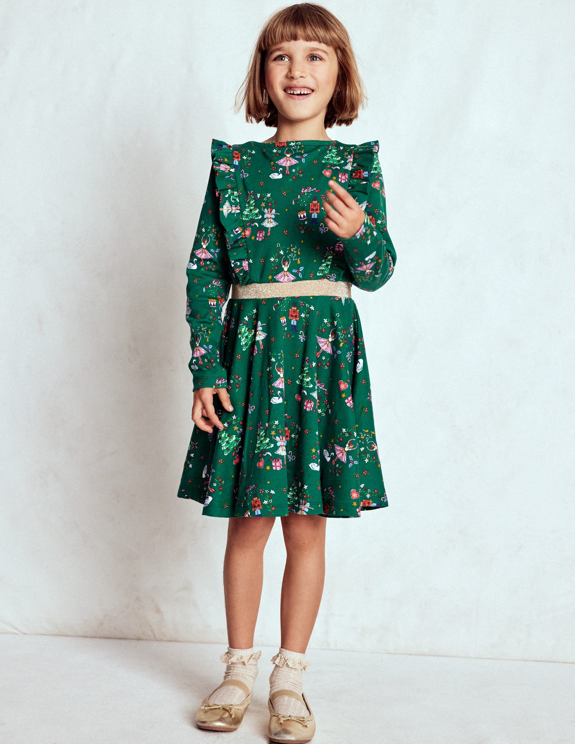 Cora Twirly Jersey Dress-Jewel Green Nutcracker | Boden USA