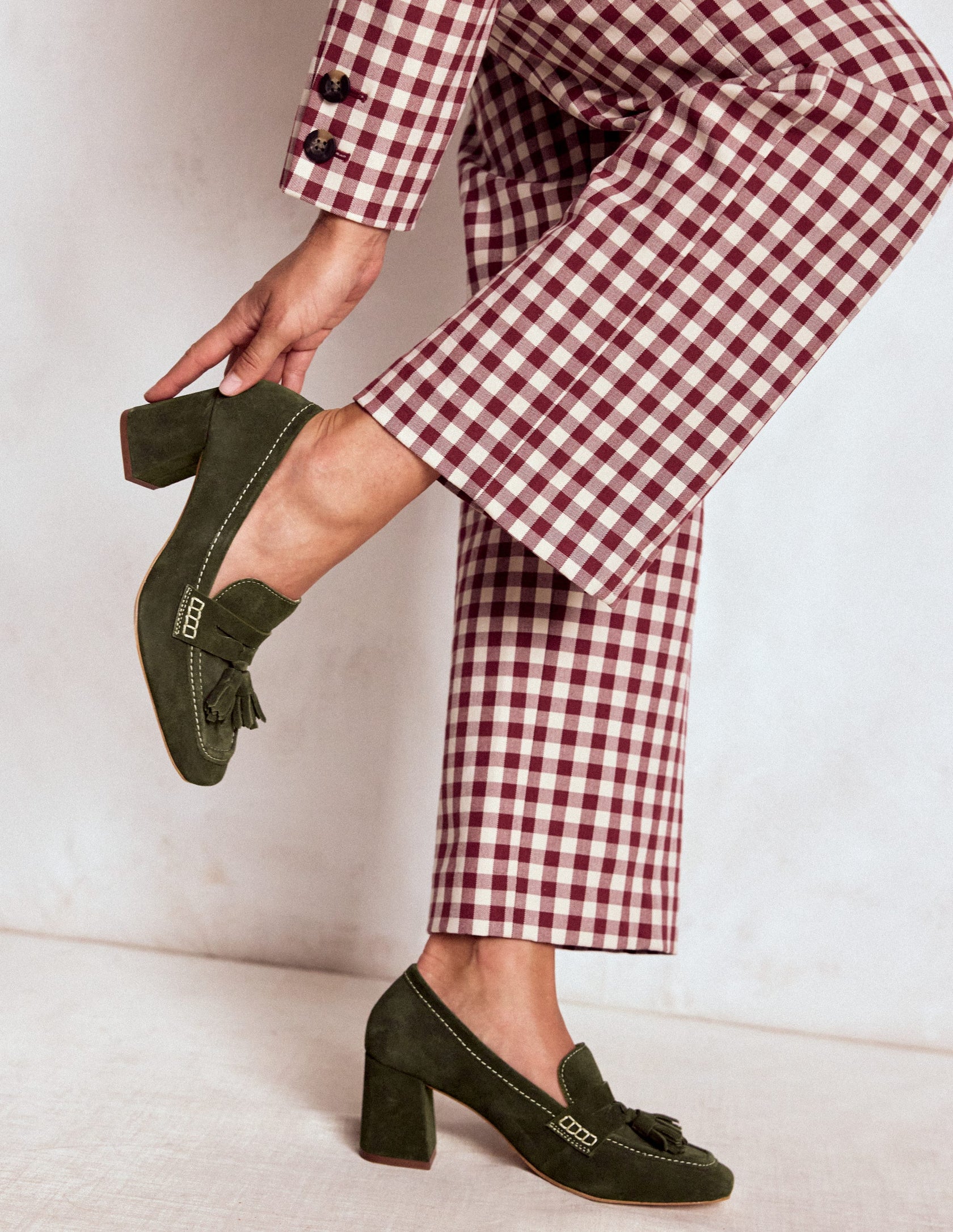 Sol Block Heeled Penny Loafers-Dark Moss | Boden USA