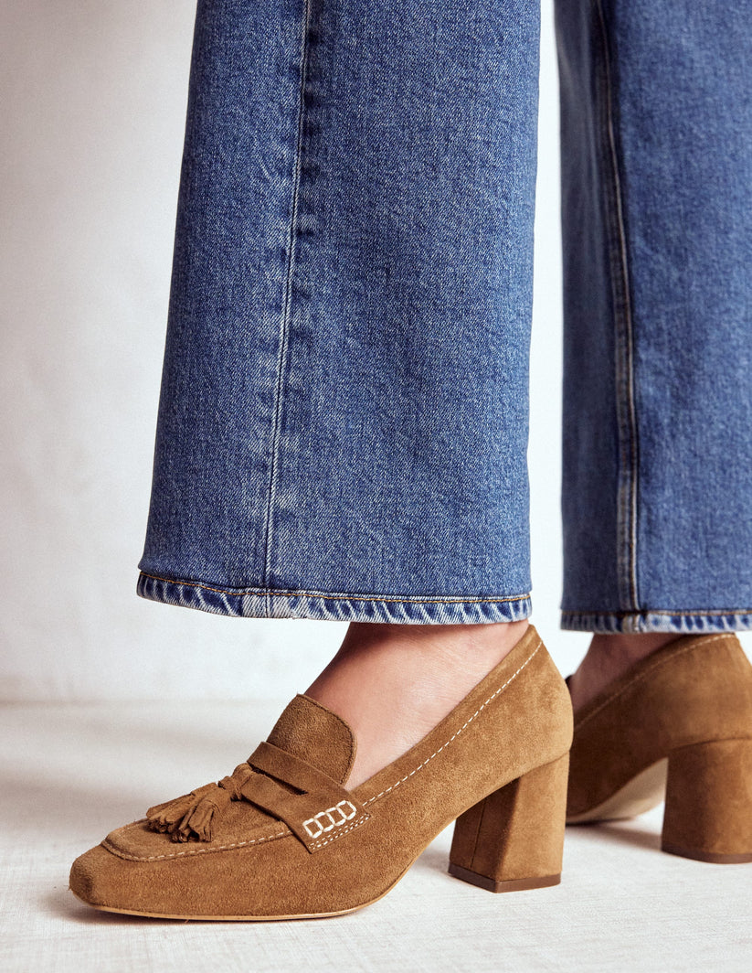 Sol Block Heeled Penny Loafers-Tan | Boden USA