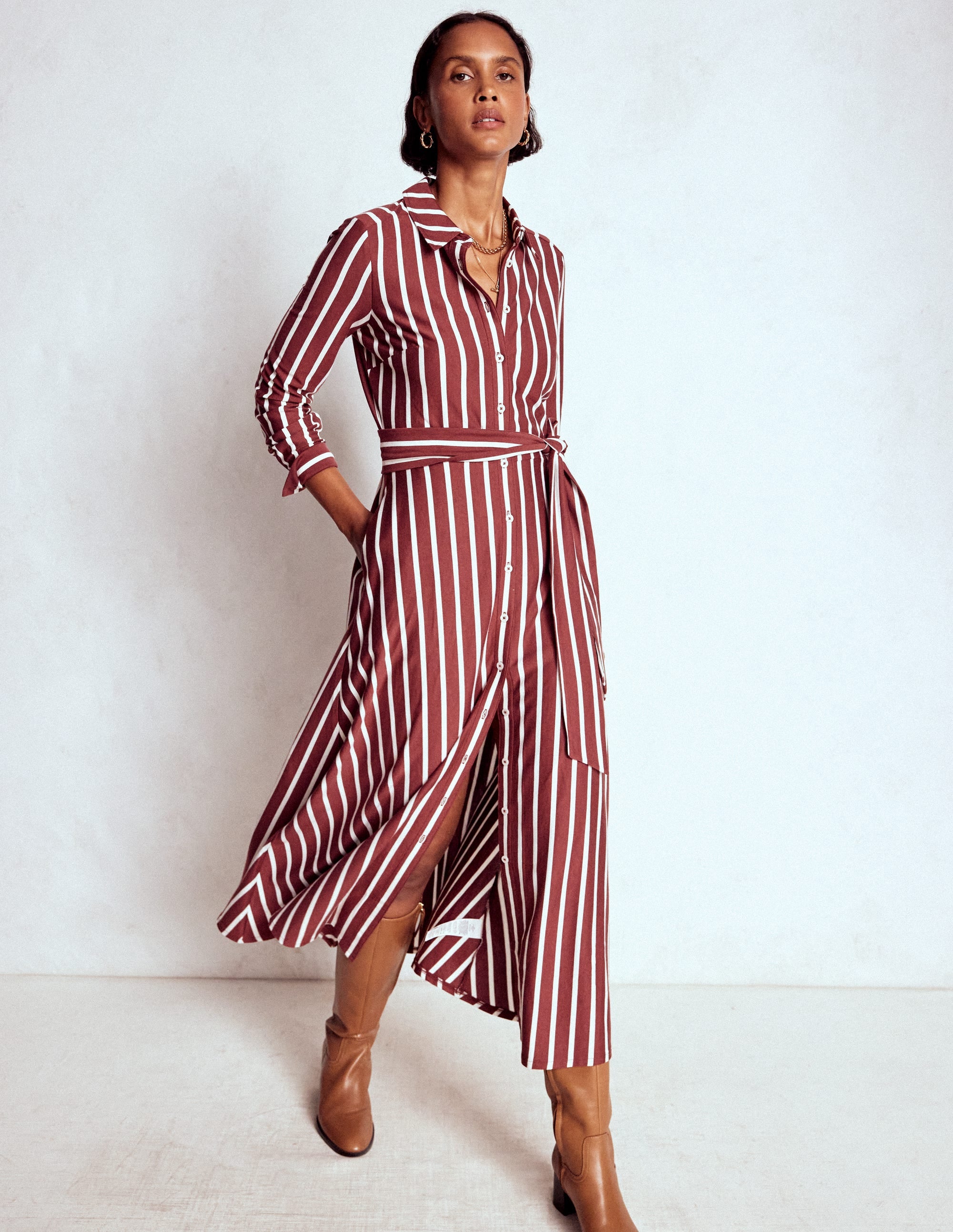Marcia Jersey Shirt Dress-Chestnut and Ivory Stripe | Boden USA