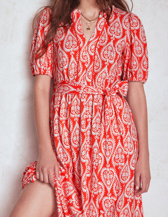 Sofia Trim Jersey Midi Dress-Firecracker Red, Ornate Geo | Boden USA