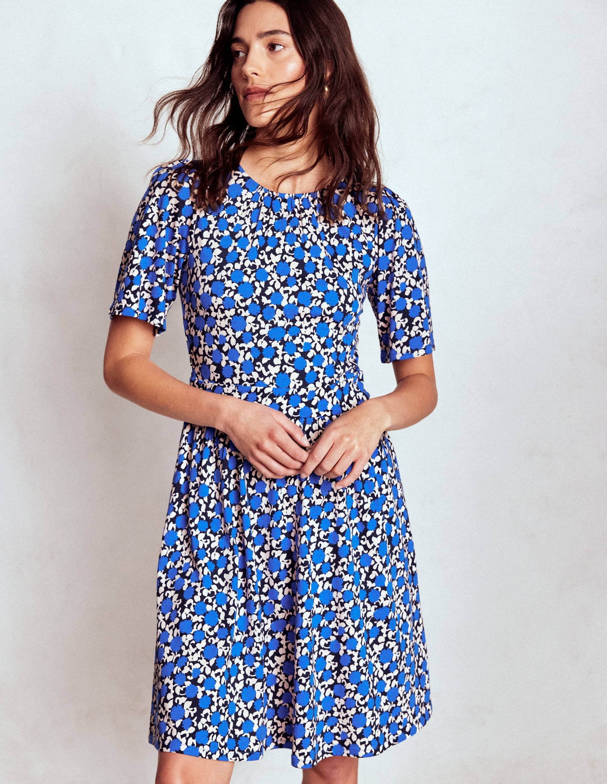 Louisa Short Jersey Dress-Kingfisher Blue, Floweret Vine | Boden USA
