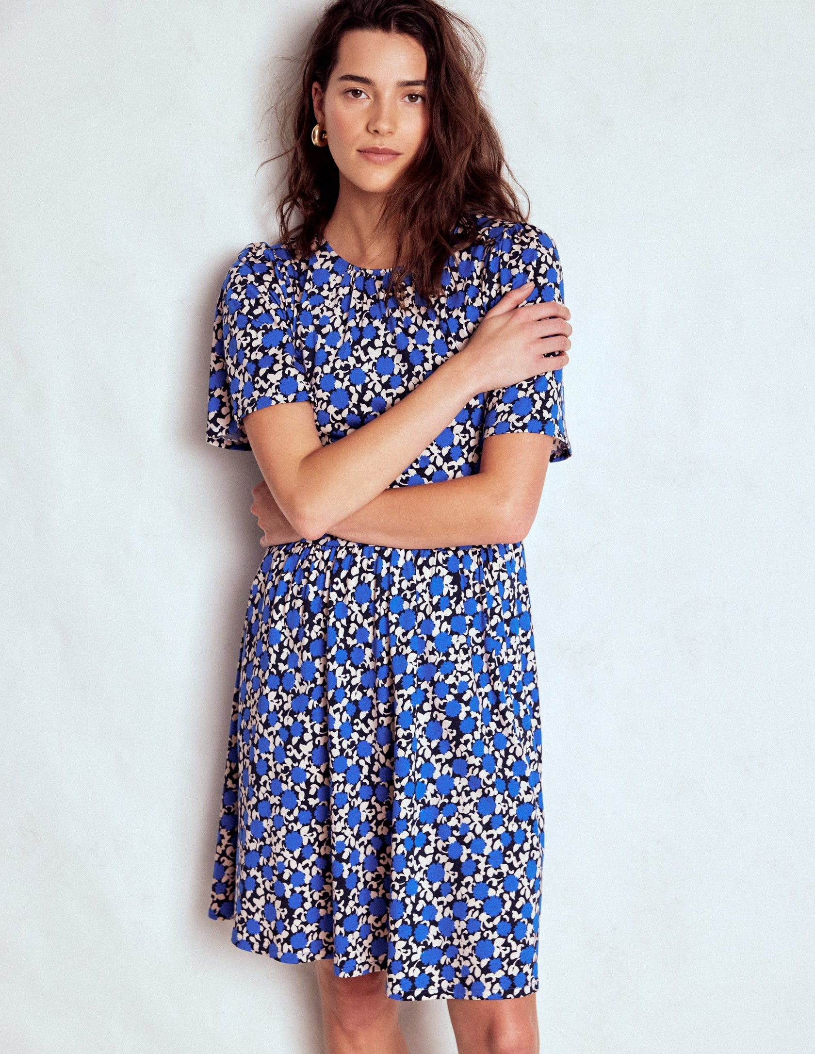 Louisa Short Jersey Dress-Kingfisher Blue, Floweret Vine | Boden USA