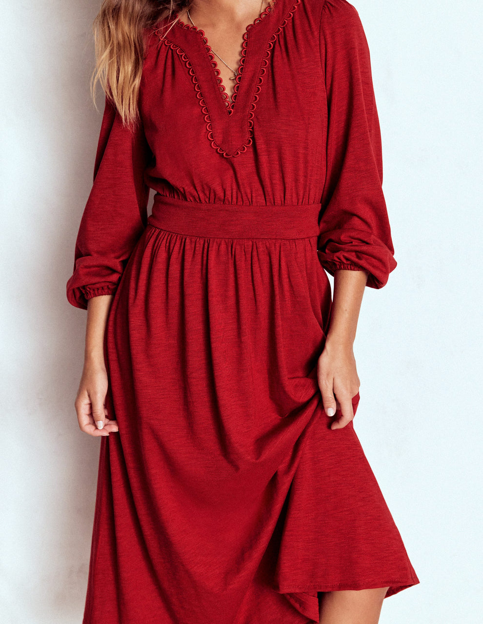 Maddie Picot Trim Midi Dress-Carmine Red | Boden USA
