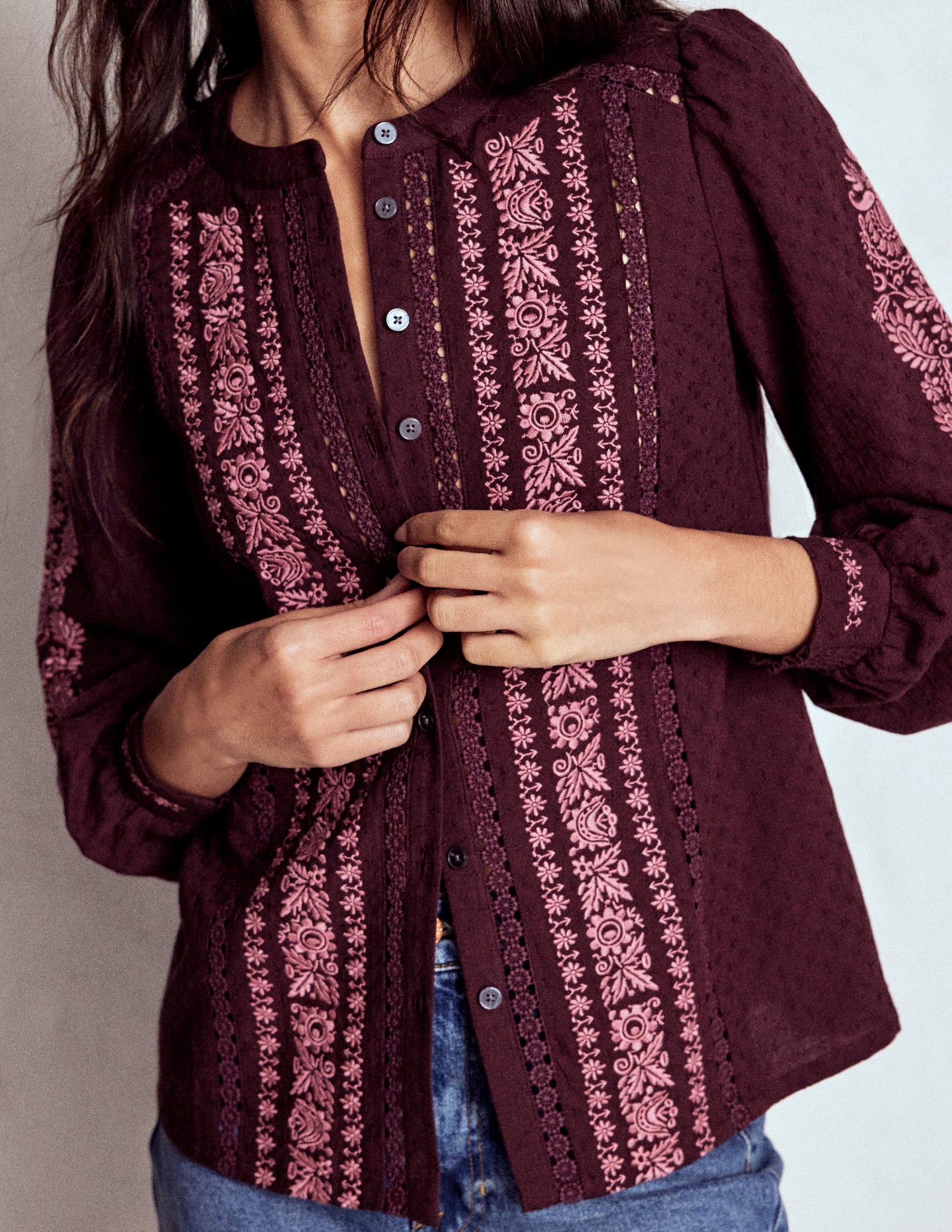 Embroidered Cotton Top-Dark Cherry | Boden USA