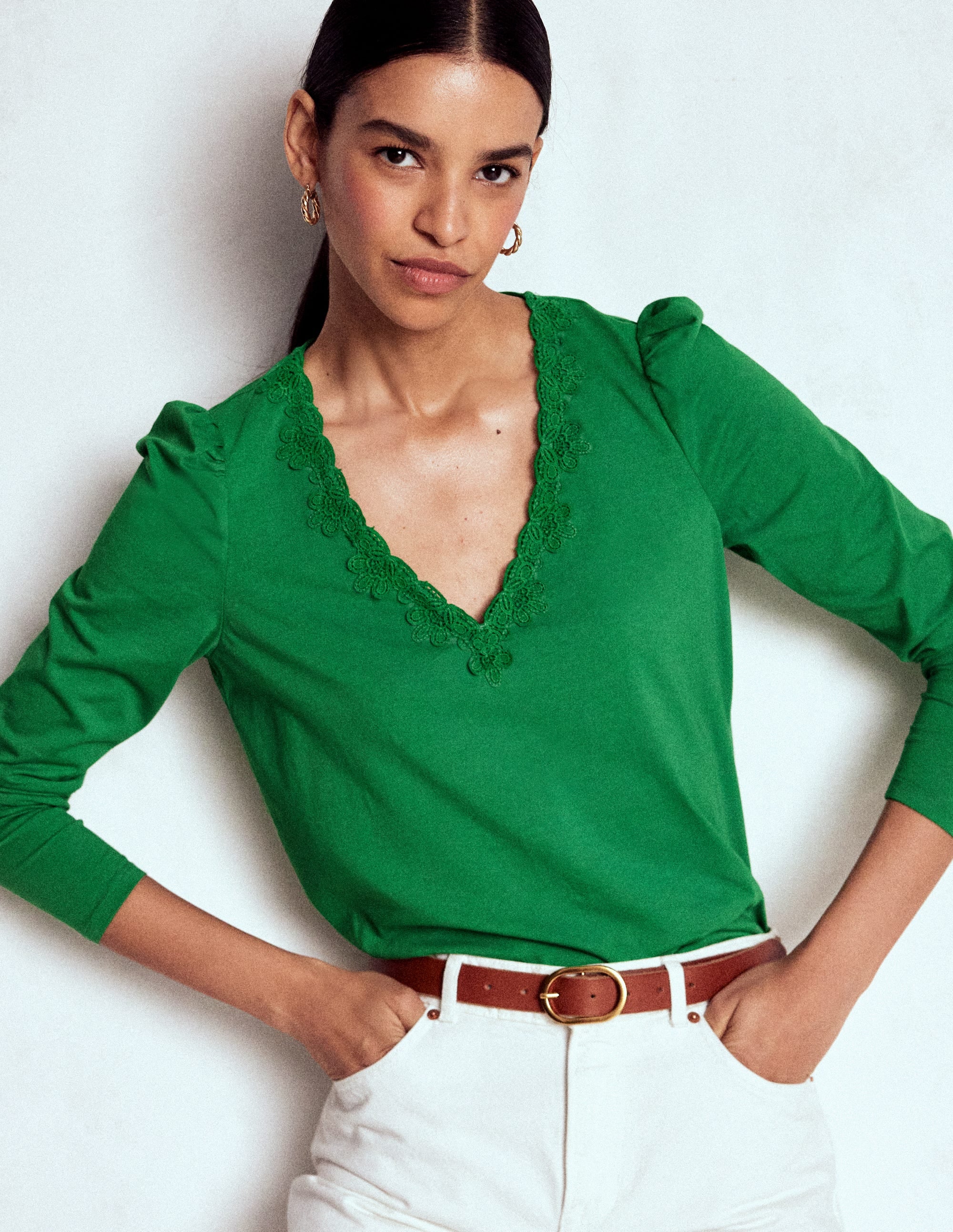 Flora Lace V-neck Top-Highland Green | Boden USA