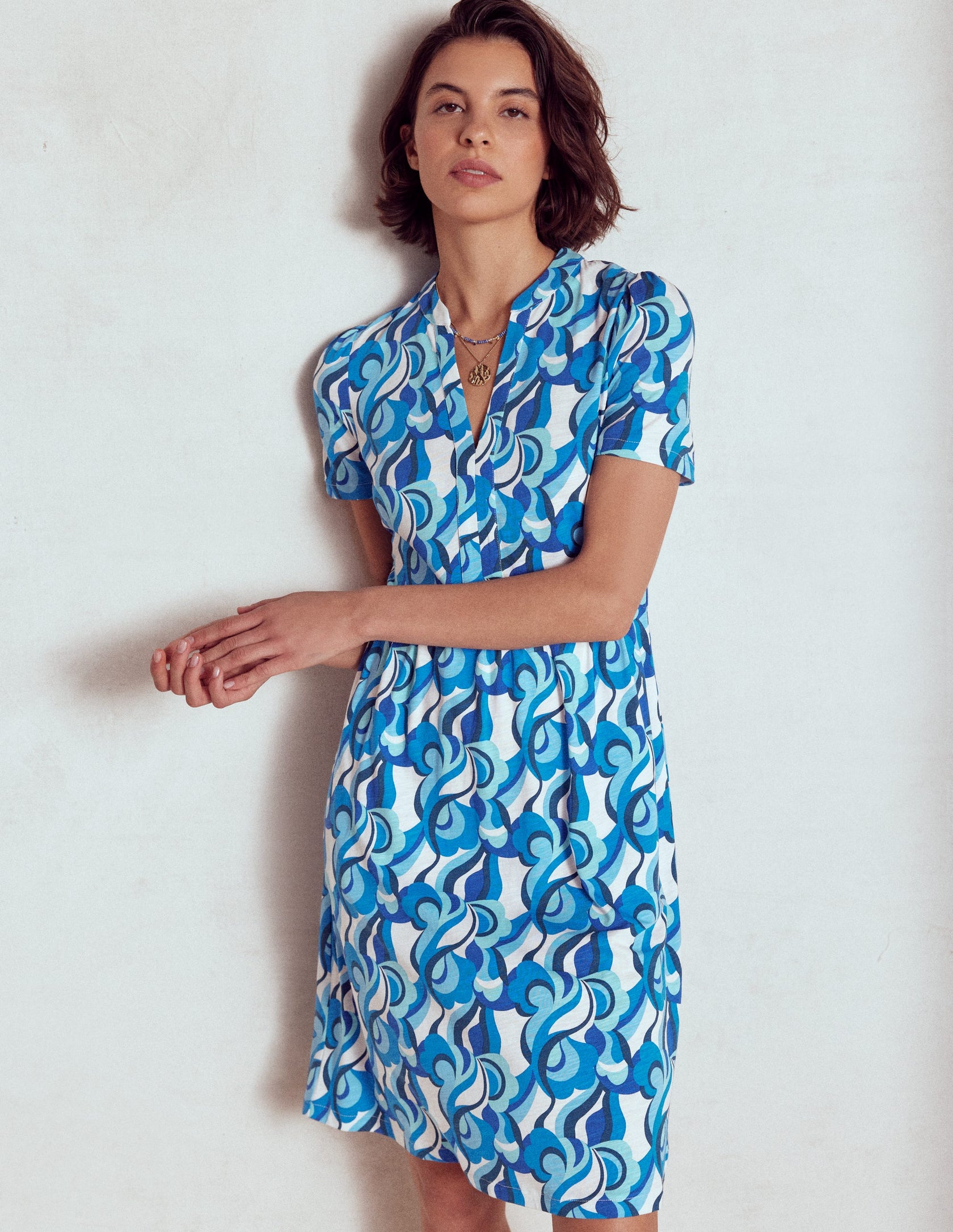 Naomi Short Jersey Dress-Blue, Abstract Swirl | Boden USA