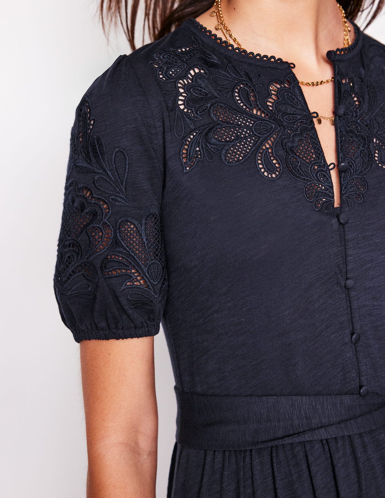Cutwork Detail Midi Dress-Navy | Boden USA