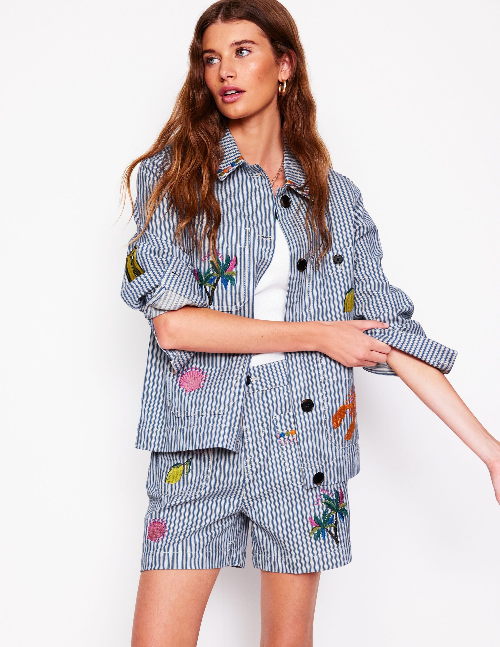 Pocket Front Denim Shorts-Ticking Stripe Embroidery | Boden USA