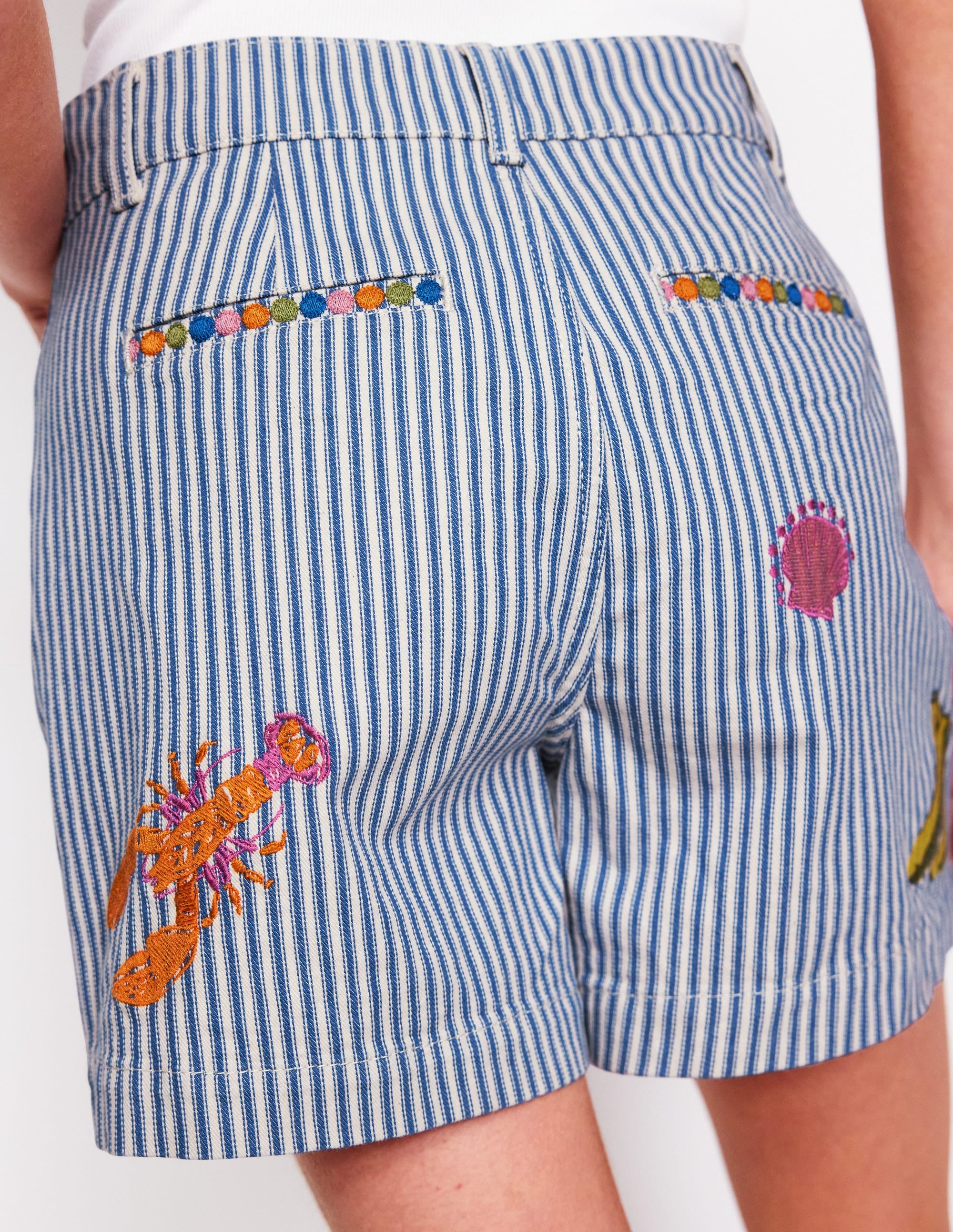 Pocket Front Denim Shorts-Ticking Stripe Embroidery | Boden USA