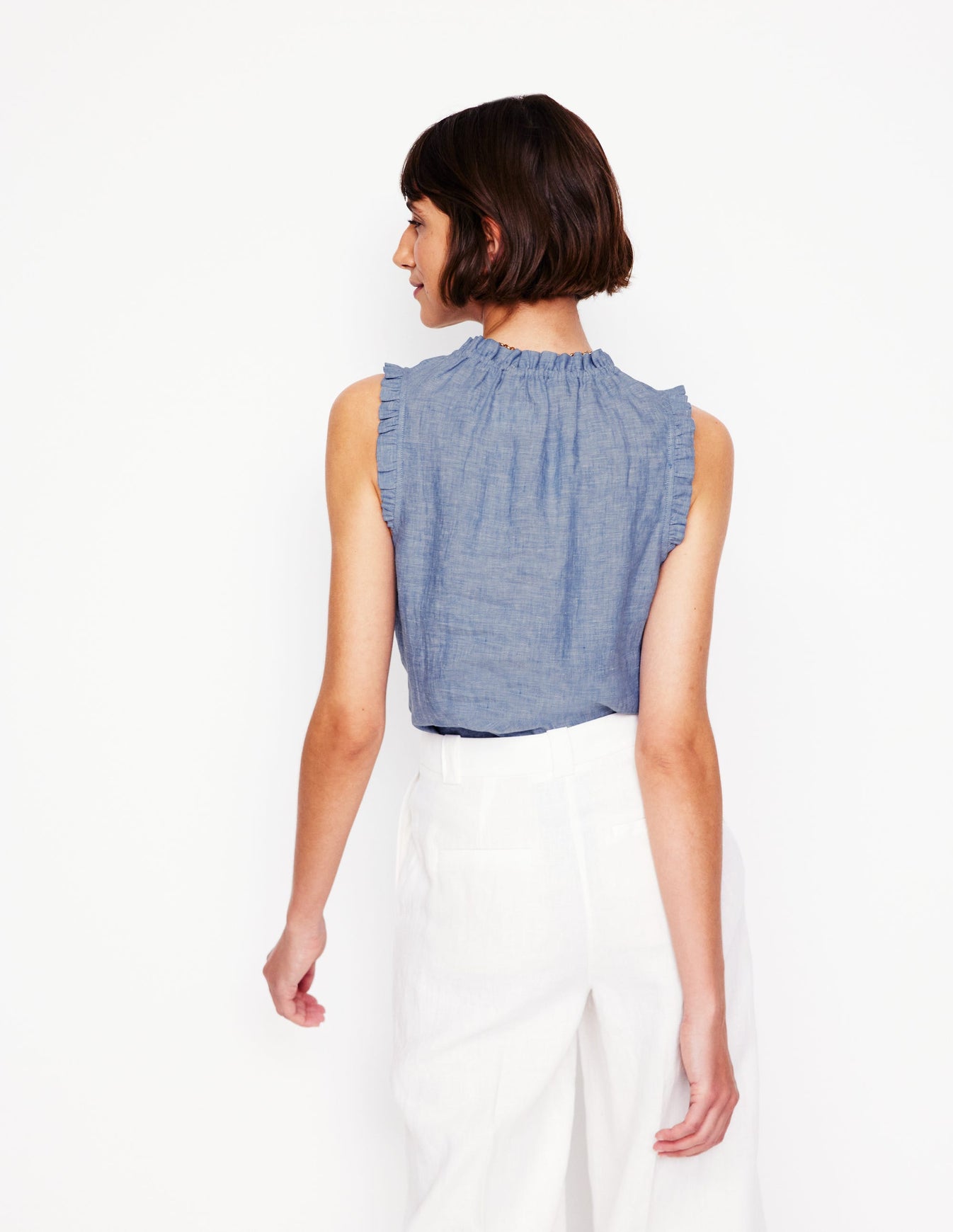 Sophie Ruffle Linen Top-Chambray | Boden USA