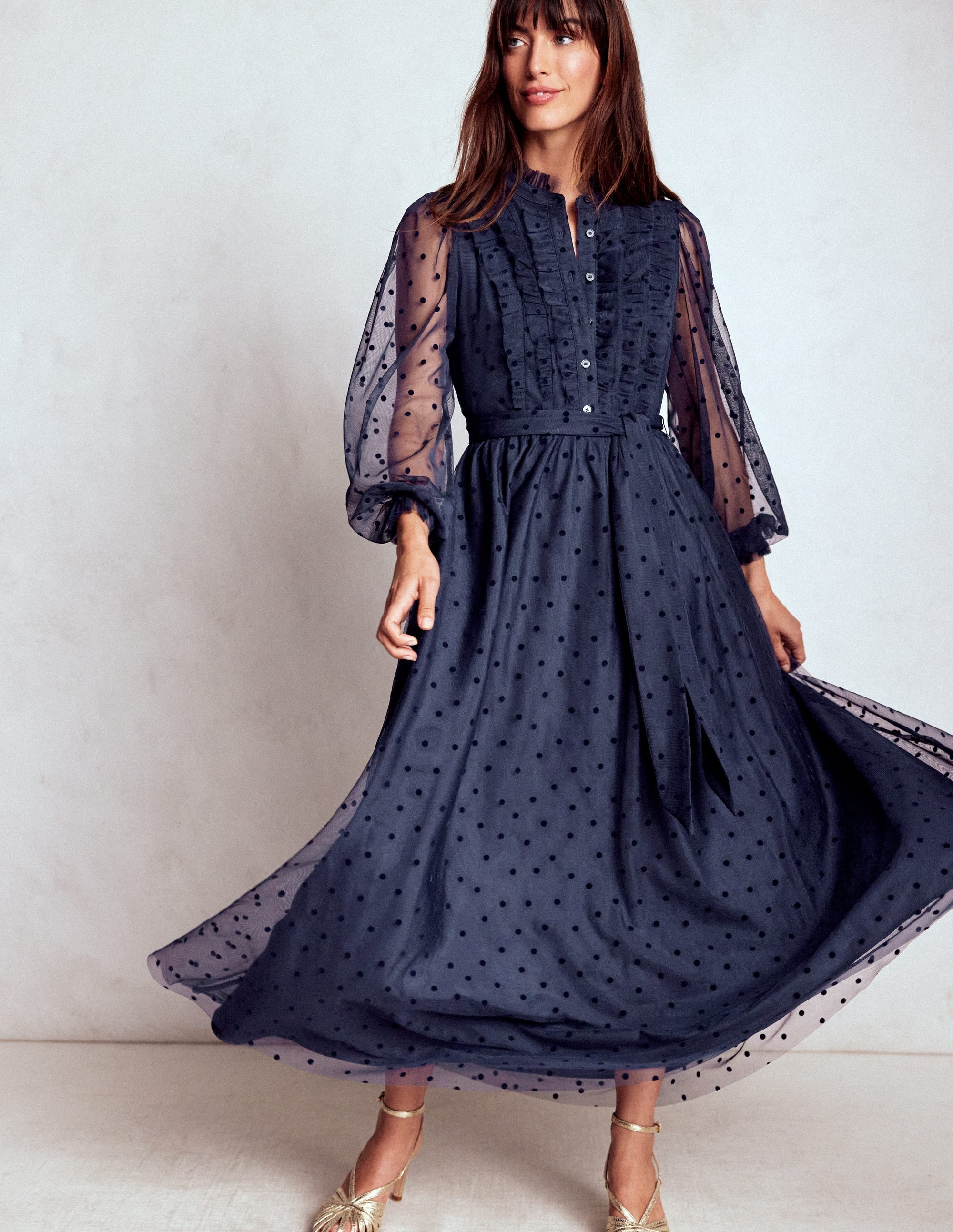 Tulle Ruffle Maxi Dress-Navy | Boden USA
