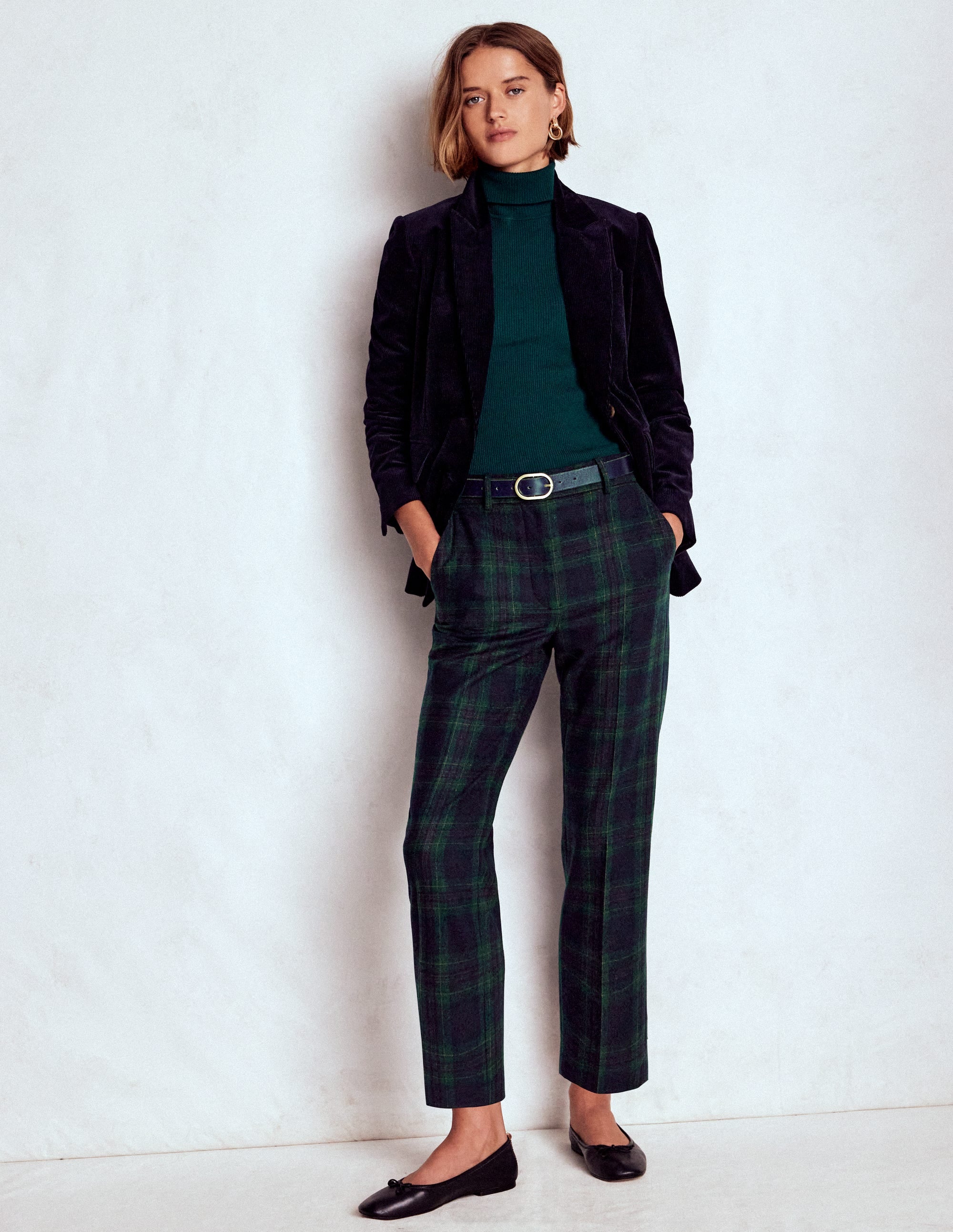 Canonbury Wool Pants-Navy and Green Tonal Check | Boden USA