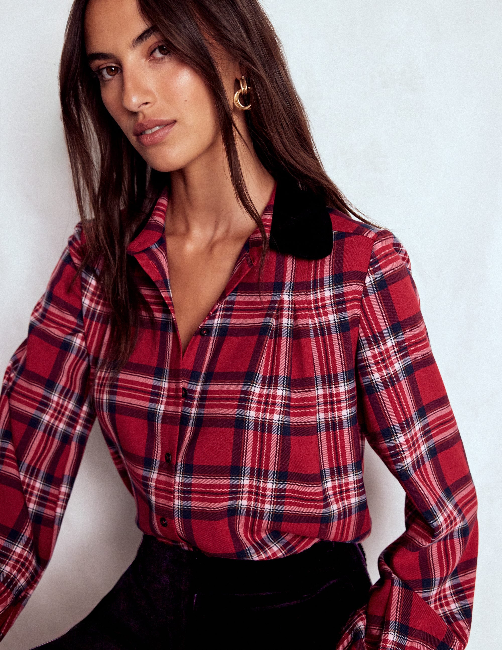 Velvet Collared Check Shirt-Red Check | Boden USA