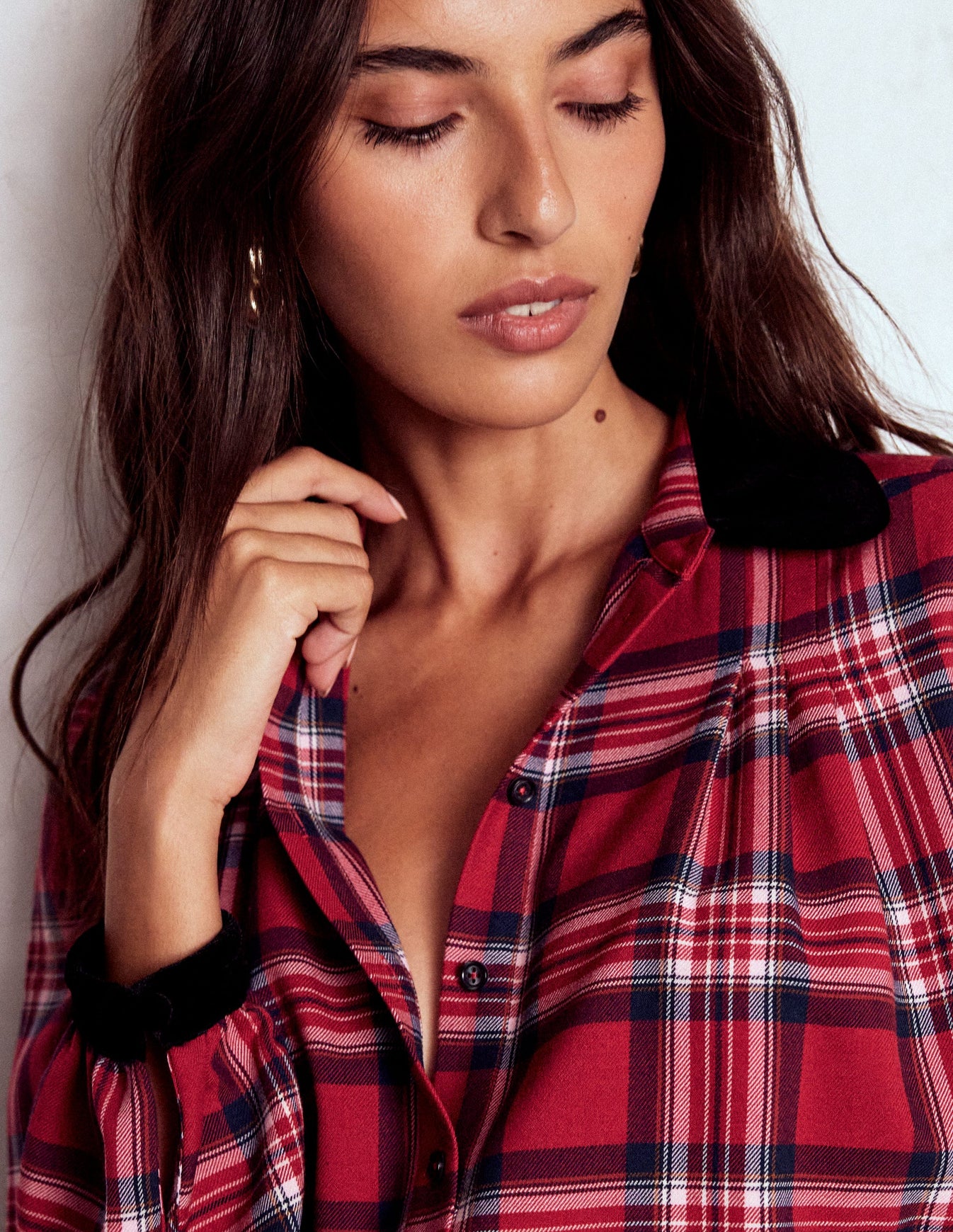 Velvet Collared Check Shirt-Red Check | Boden USA