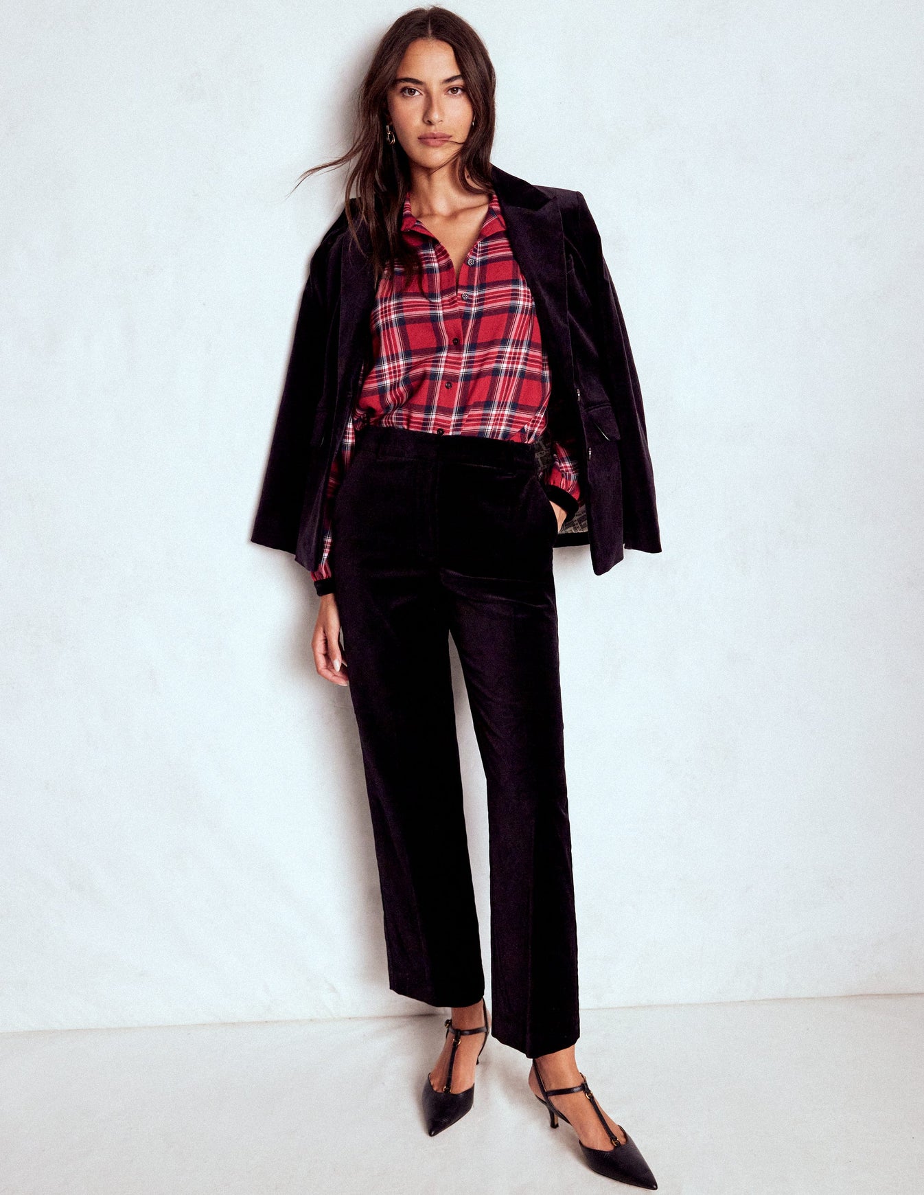 Velvet Collared Check Shirt-Red Check | Boden USA