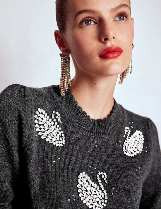 Elizabeth Embellished Sweater-Charcoal Melange Swans | Boden USA