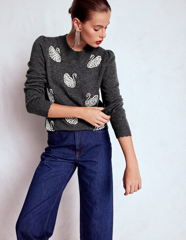 Elizabeth Embellished Sweater-Charcoal Melange Swans | Boden USA