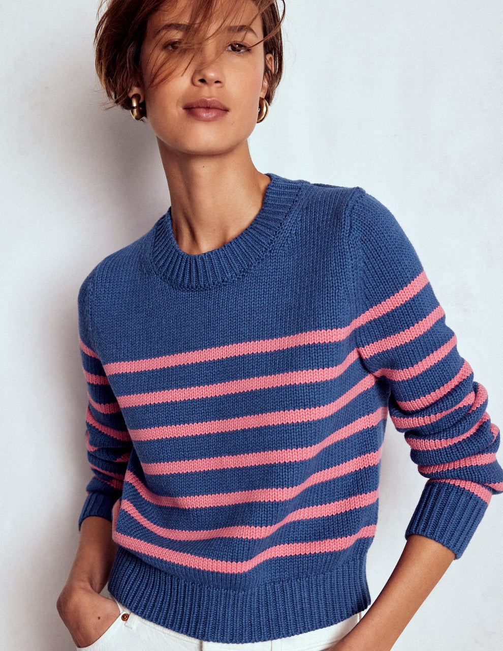 Lucy Chunky Cotton Sweater-Blue, Pink Stripe | Boden USA