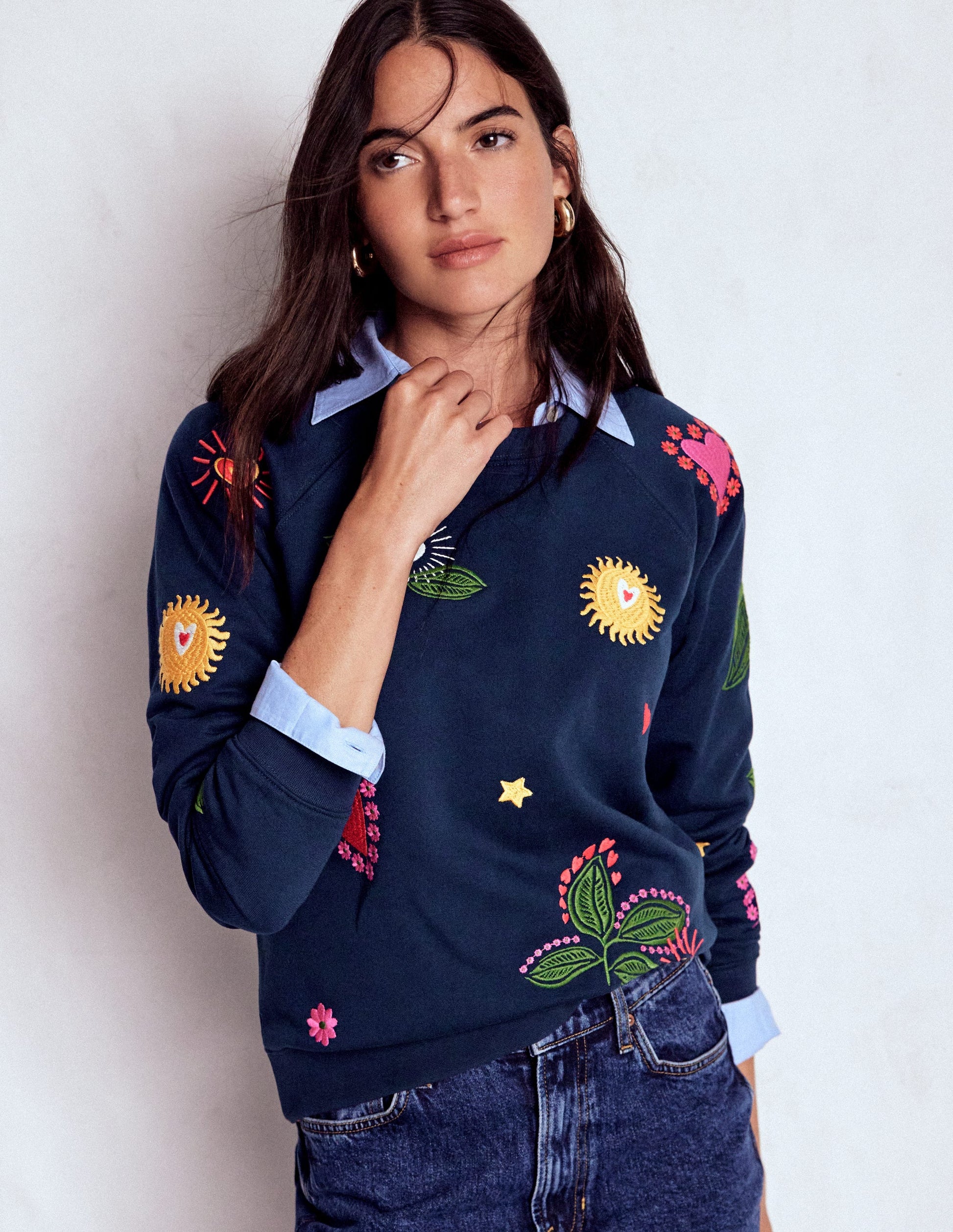 Rosa Embroidered Sweatshirt-Navy, Multi Embroidery - discounts and ...