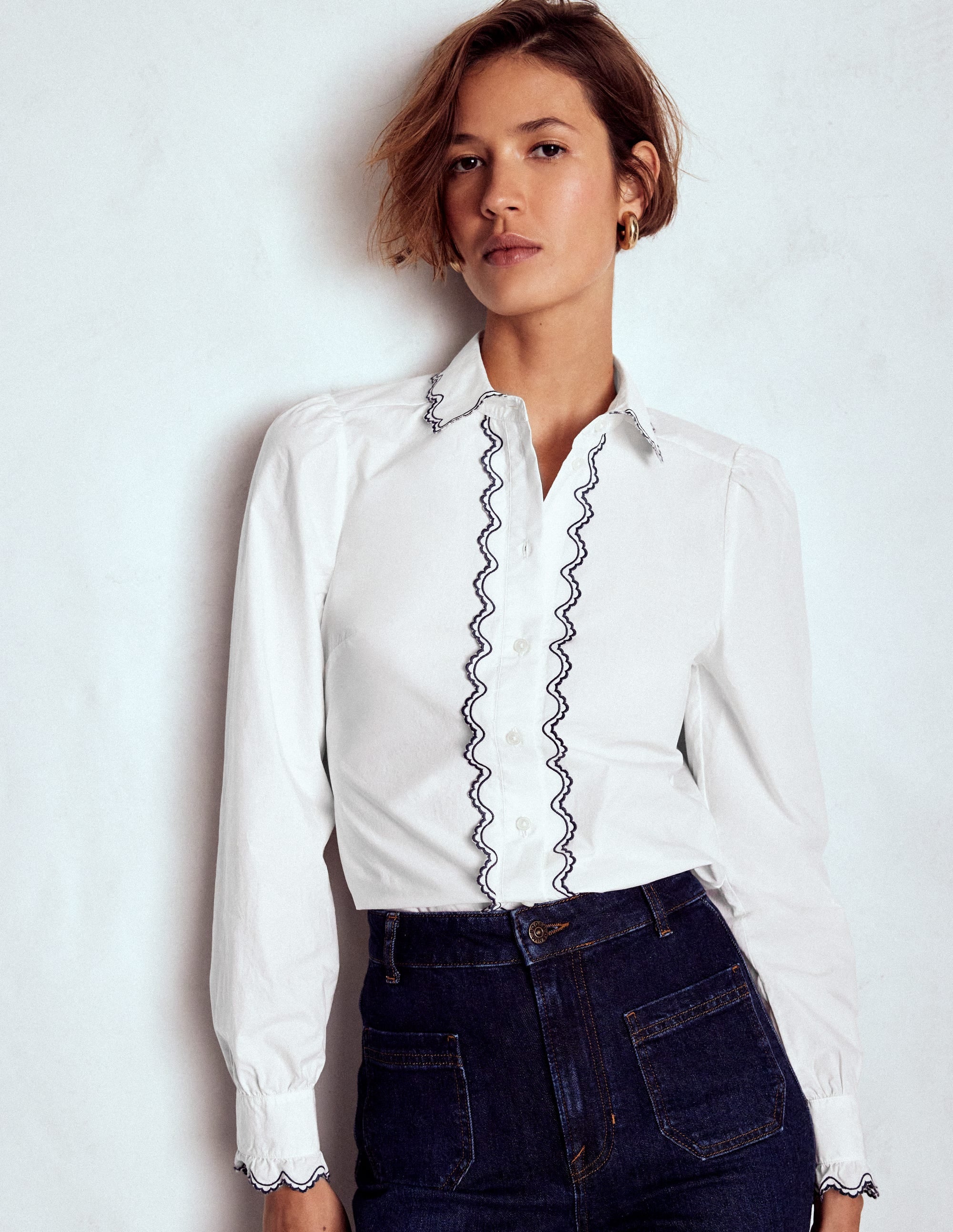 Embroidered Cotton Shirt-White, Navy Embroidery | Boden USA