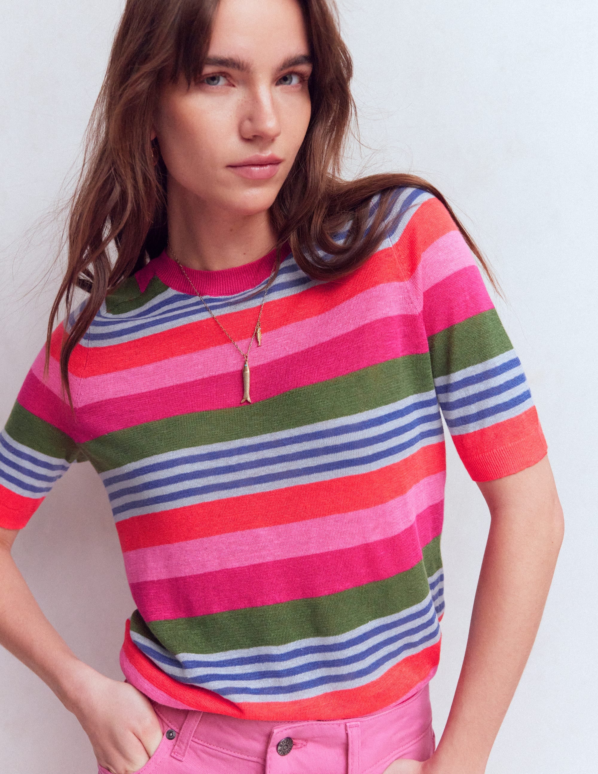 Agnes Linen Button T-Shirt-Multi Stripe | Boden USA