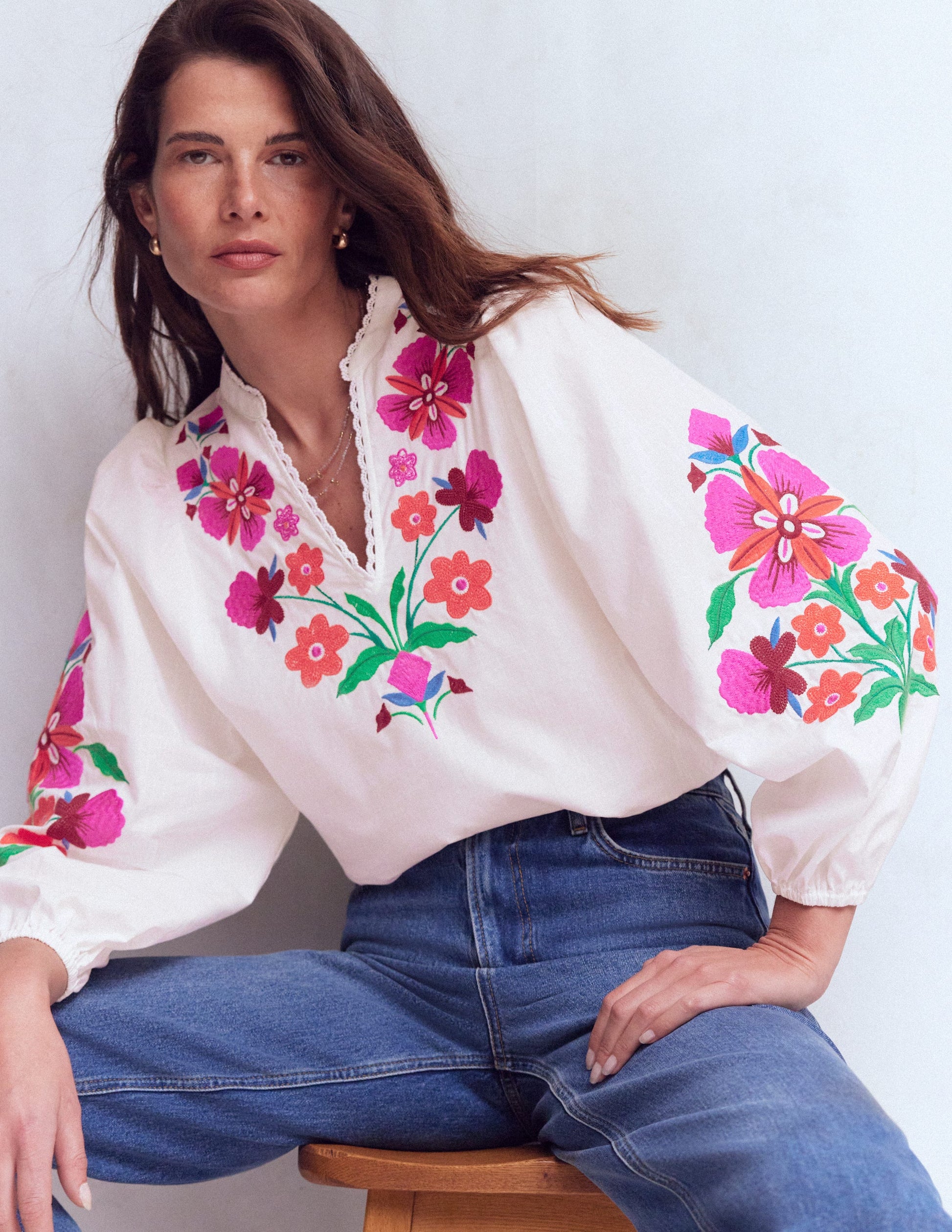 Embroidered Notch Neck Top-Floral Placement Embroidery | Boden USA