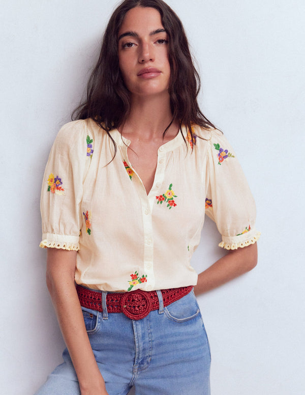 Camille Embroidered Cotton Top - Ivory Floral Embroidery | Boden USA