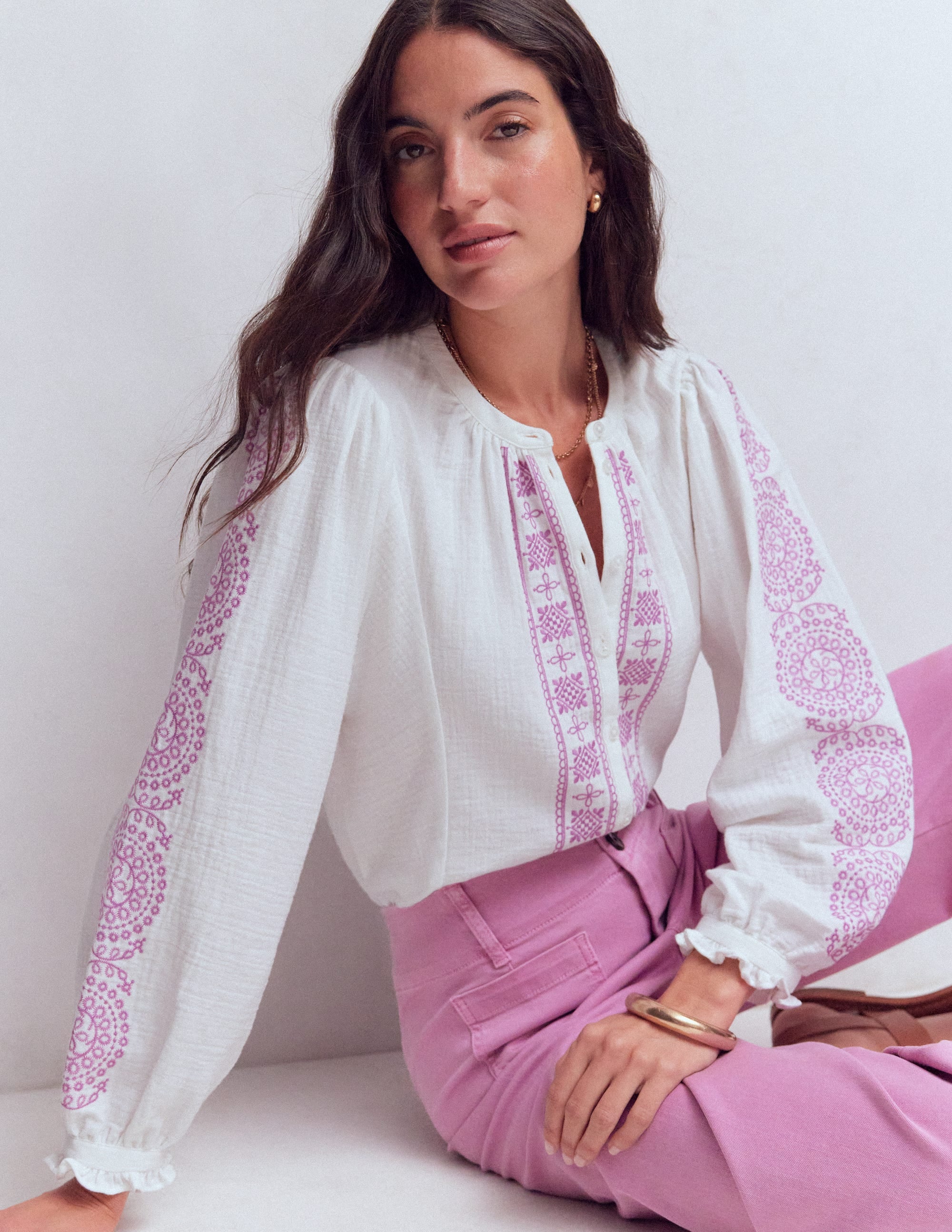 Camille Double Cloth Top-White Embroidery | Boden USA