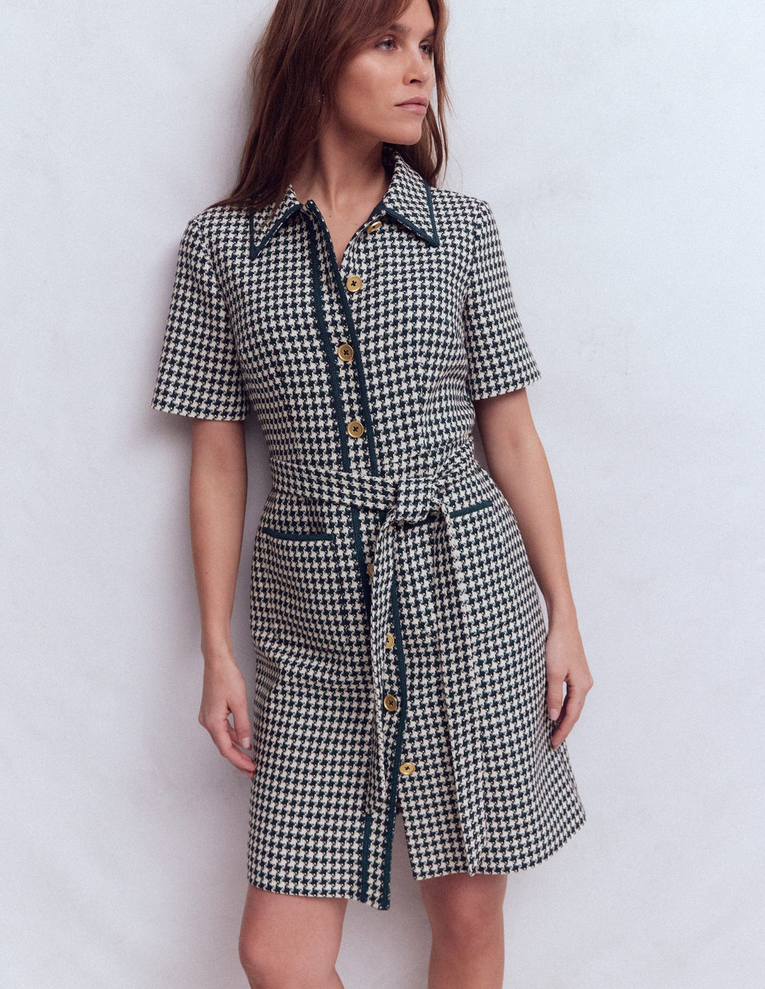 Loren Trim Short Dress-Navy Dogtooth | Boden USA