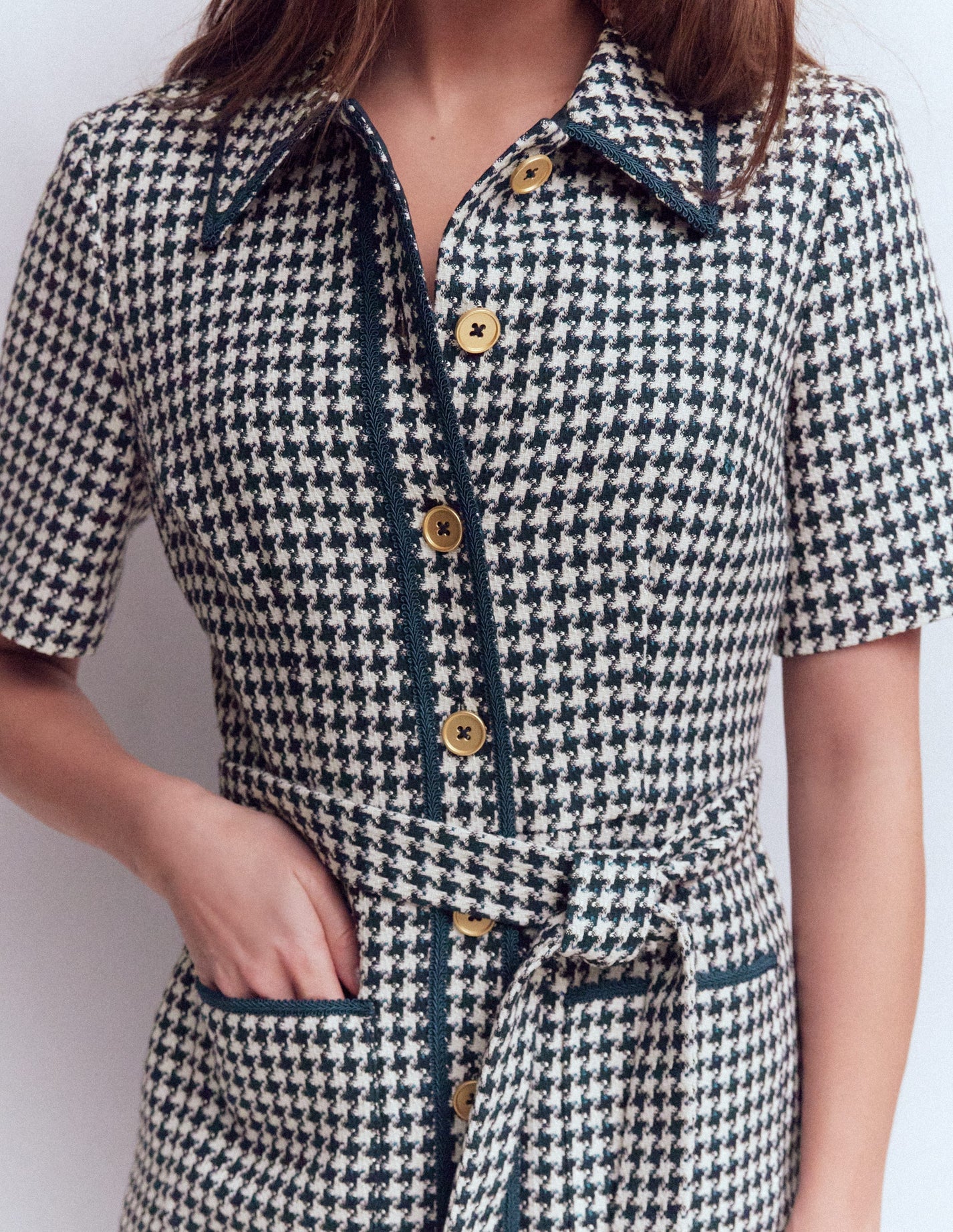 Loren Trim Short Dress-Navy Dogtooth | Boden USA