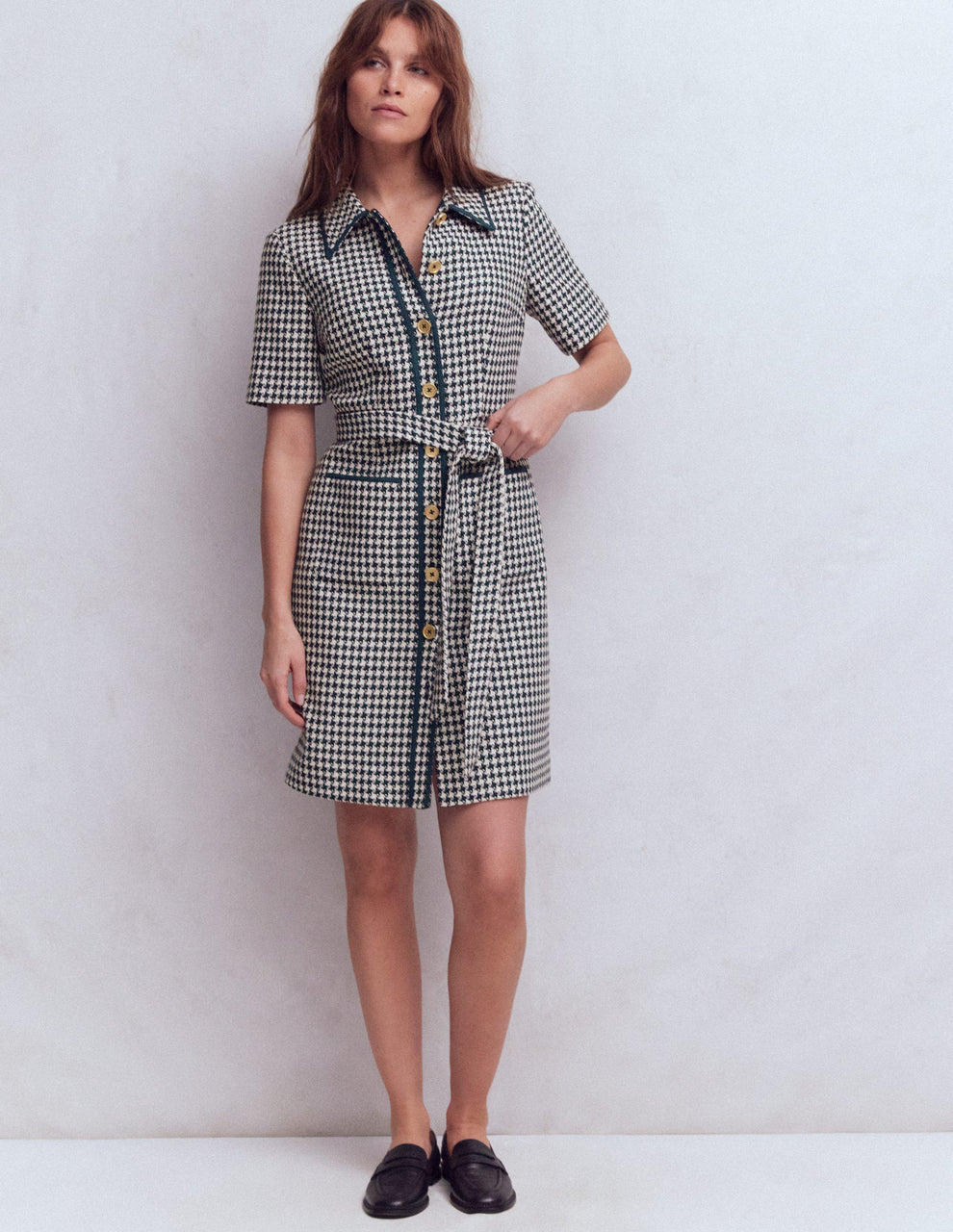Loren Trim Short Dress-Navy Dogtooth | Boden USA