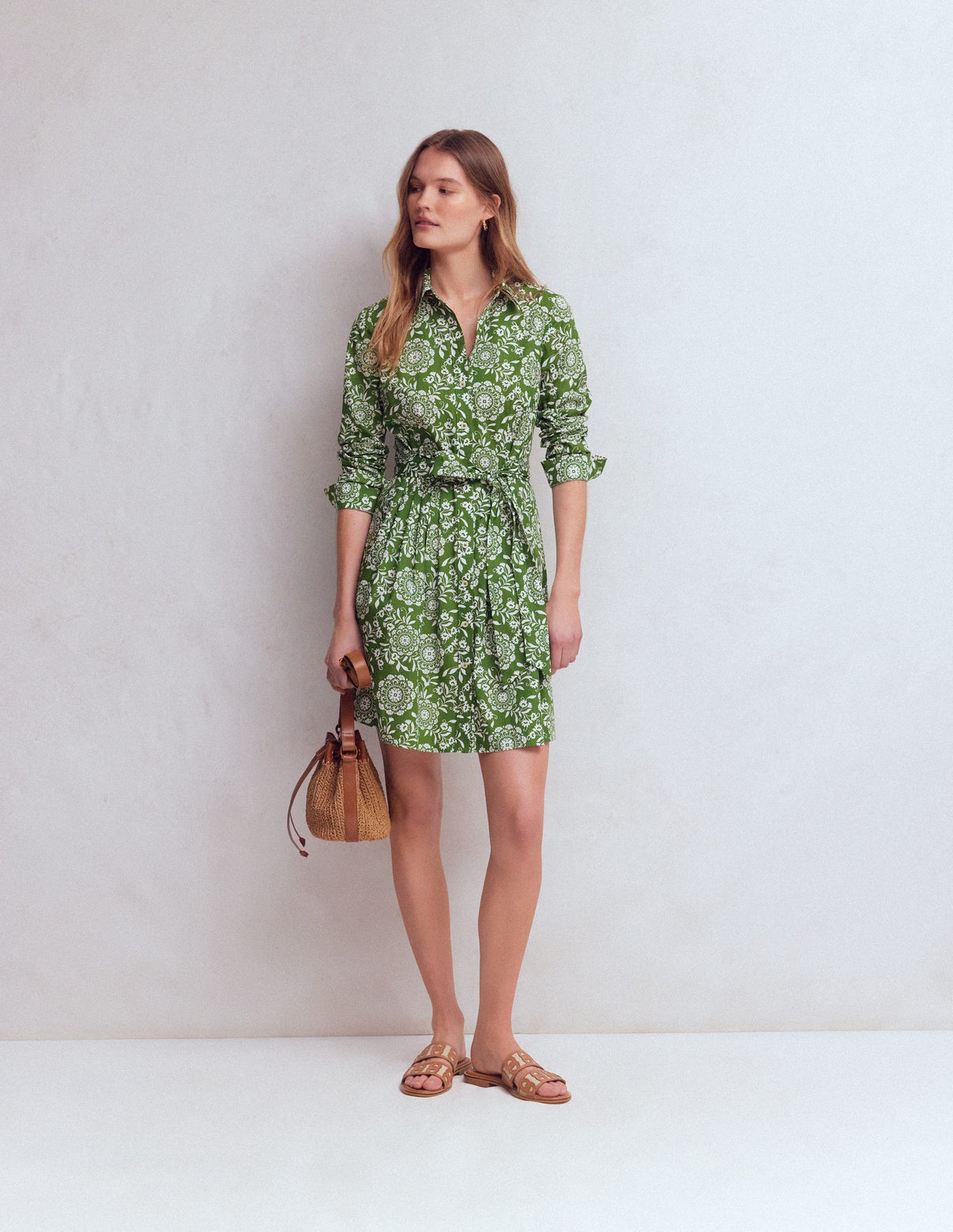 Alexa Long Sleeve Short Dress - Green, Decorative Blossom | Boden USA