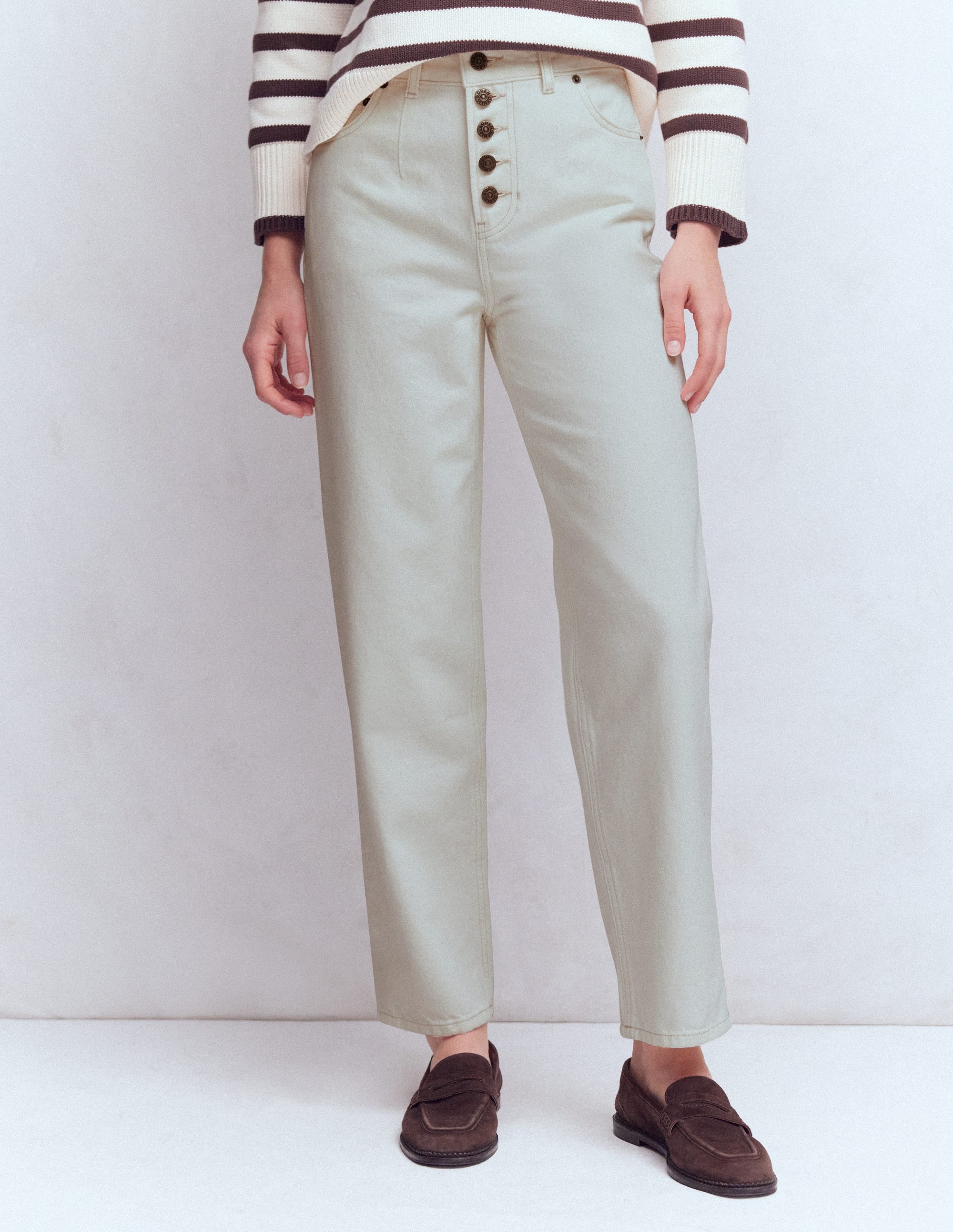 Exposed Button Straight Jeans-Ecru | Boden USA