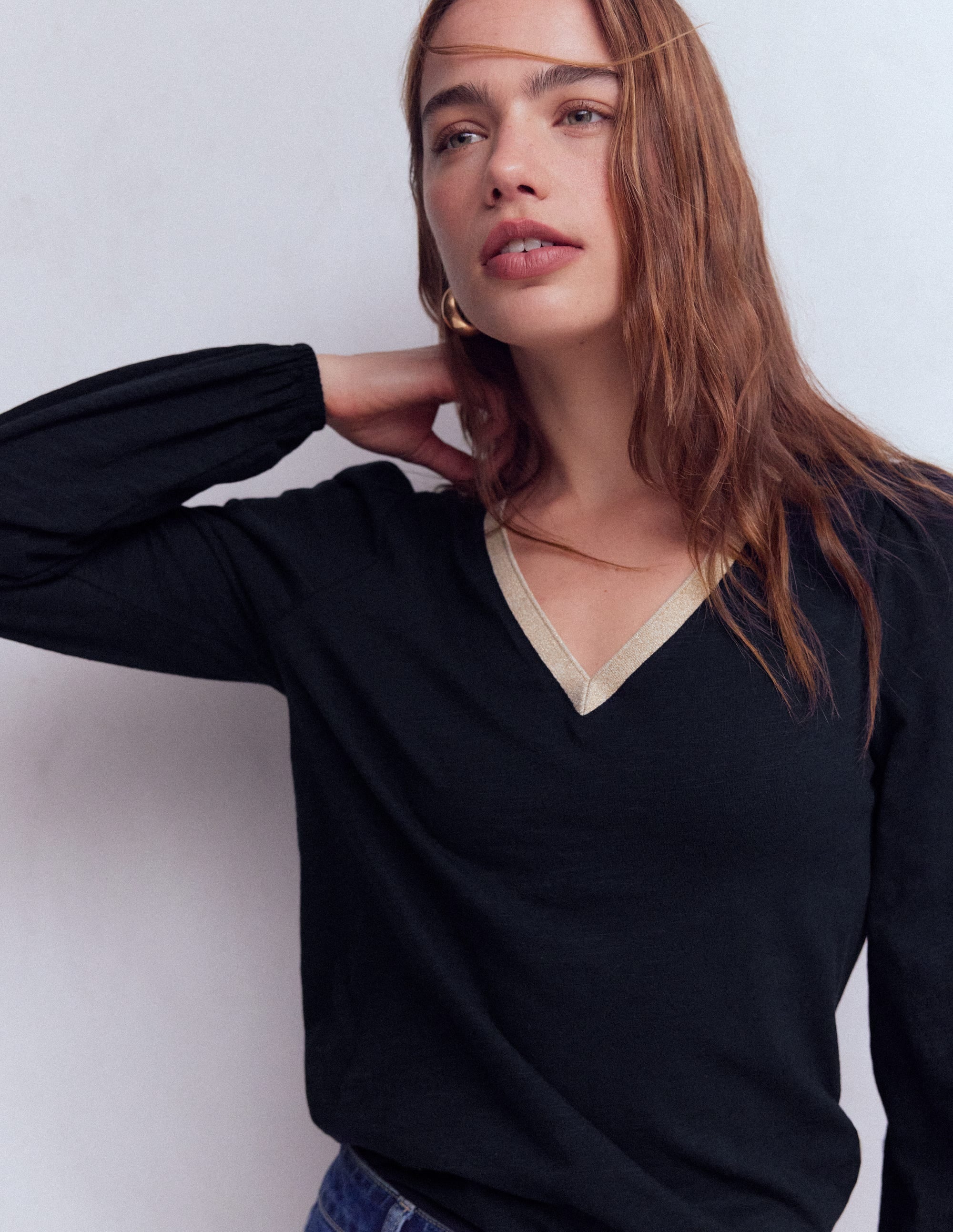 Metallic Trim V-neck Top-Navy | Boden USA