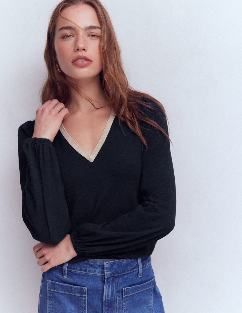 Metallic Trim V-neck Top-Navy | Boden USA