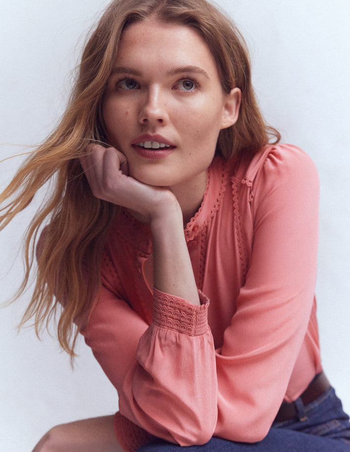 Rhea Trim Detail Silk Top-Vintage Rose | Boden USA
