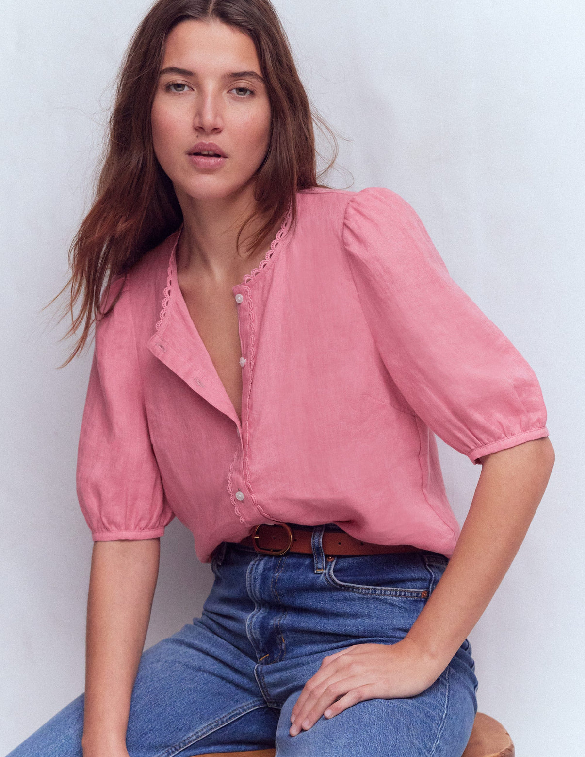 Leah Short Sleeve Linen Top - Pink Parfait | Boden USA