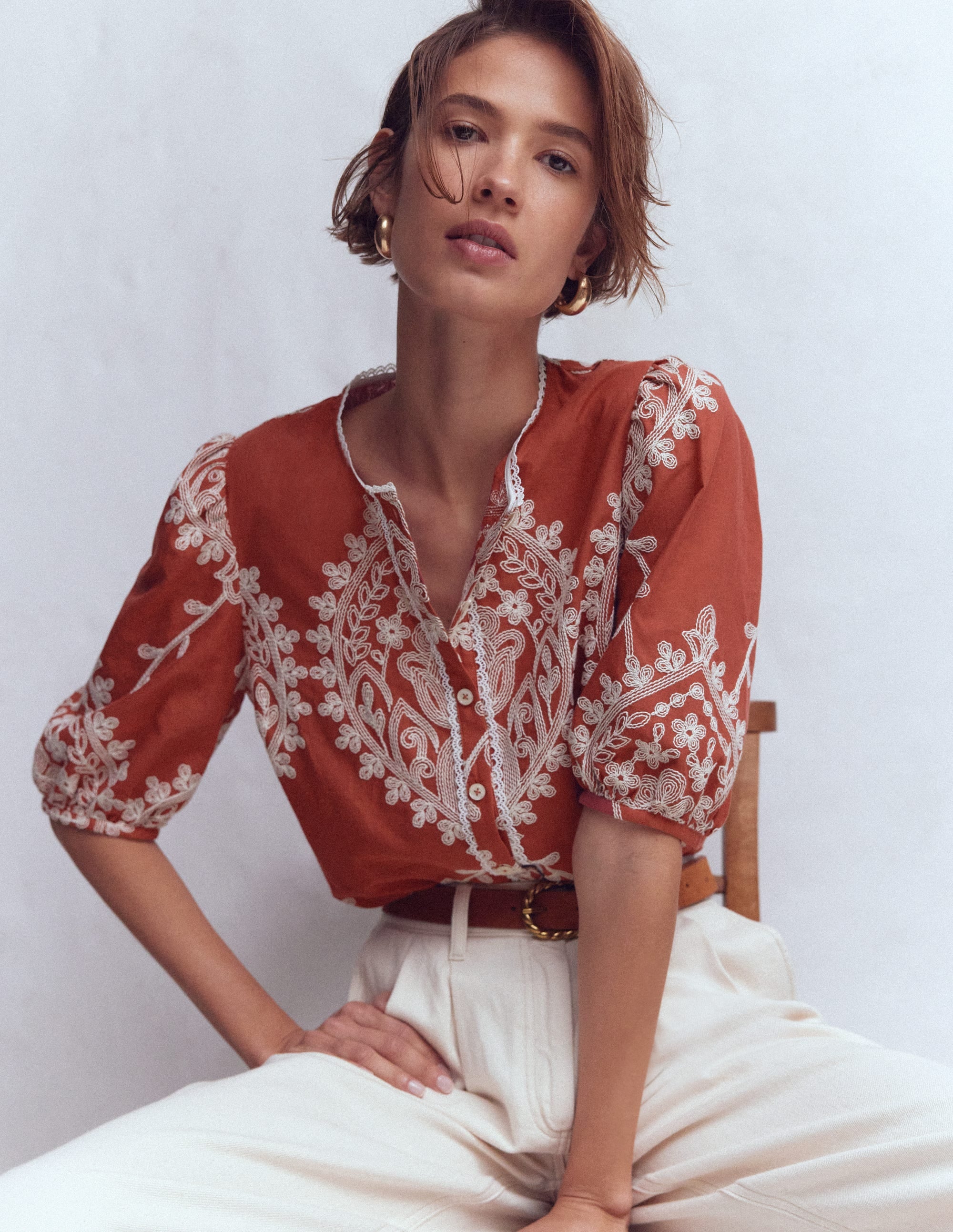 Leah Short Sleeve Interest Top-Red Floral Embroidery | Boden USA