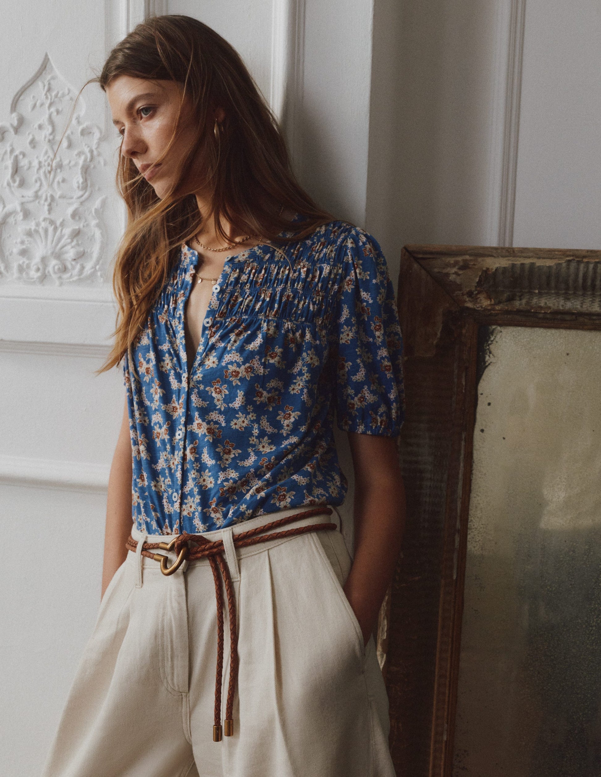 Mya Short Sleeve Smocked Shirt-True Navy, Dainty Blooms | Boden USA