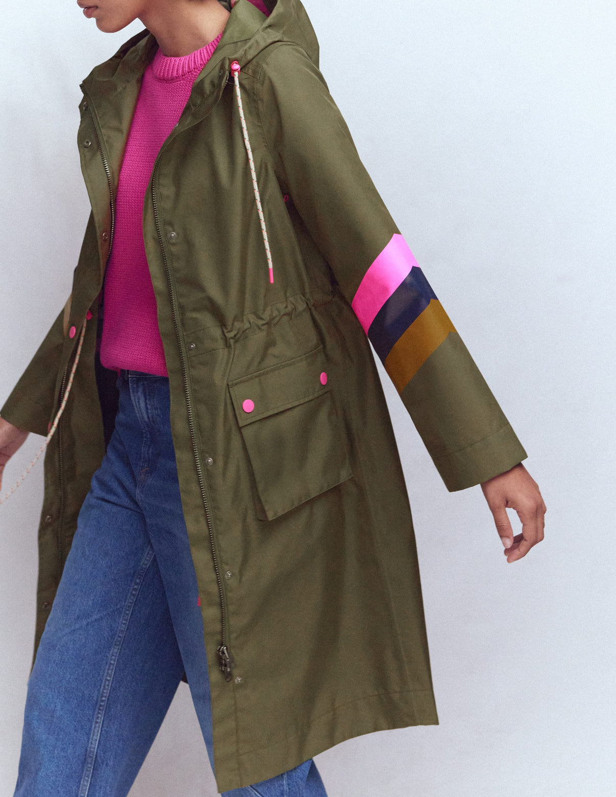 Striped Longline Rain Mac-Woodland Green Stripe | Boden USA