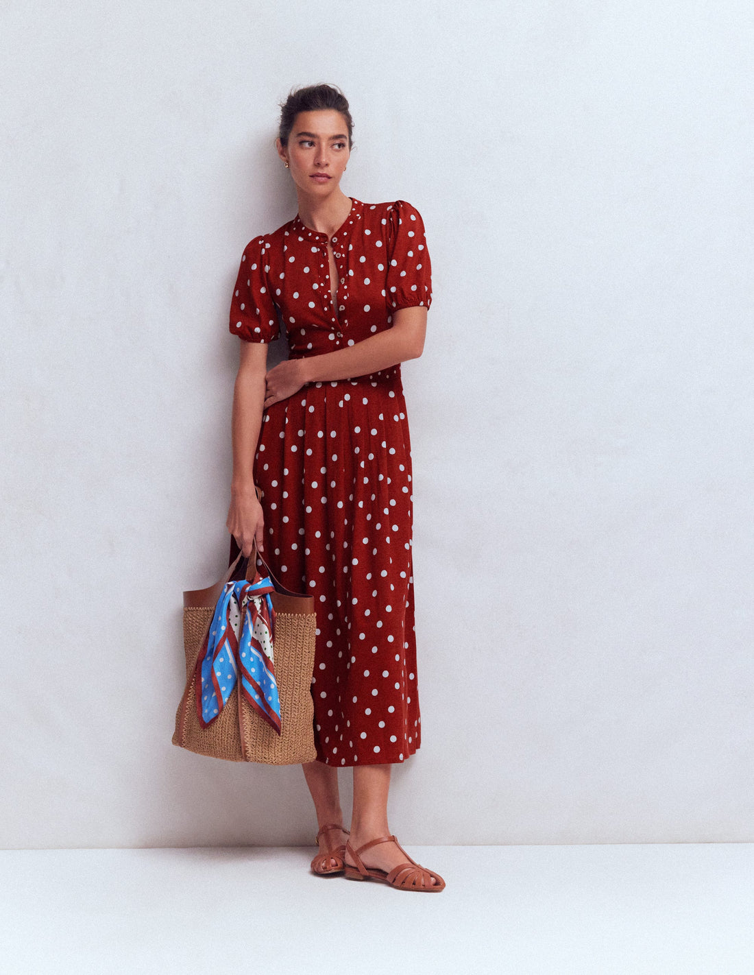 Amber Pleat Jersey Midi Dress-Burnt Orange, Painted Dot | Boden USA