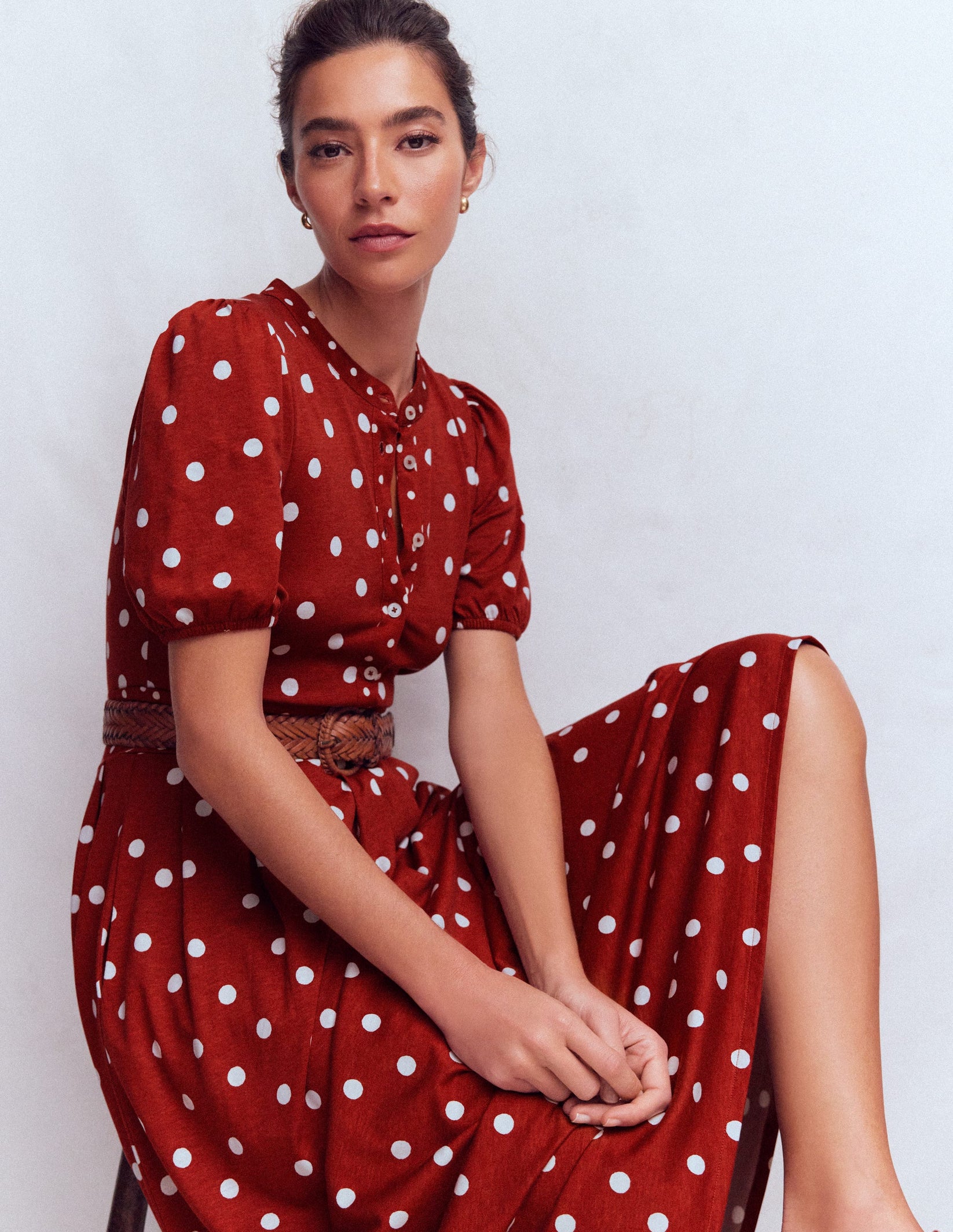Amber Pleat Jersey Midi Dress-Burnt Orange, Painted Dot | Boden USA
