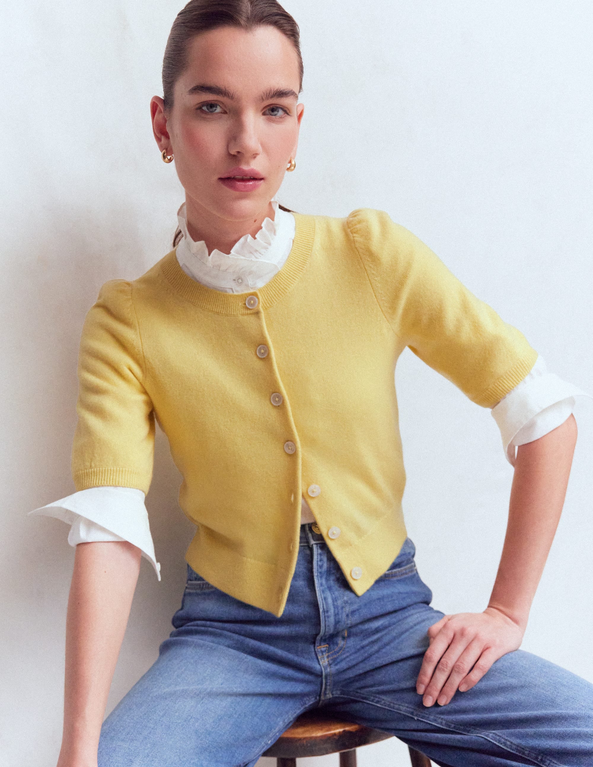 Cropped Cashmere Cardigan-Sandstone Yellow | Boden USA