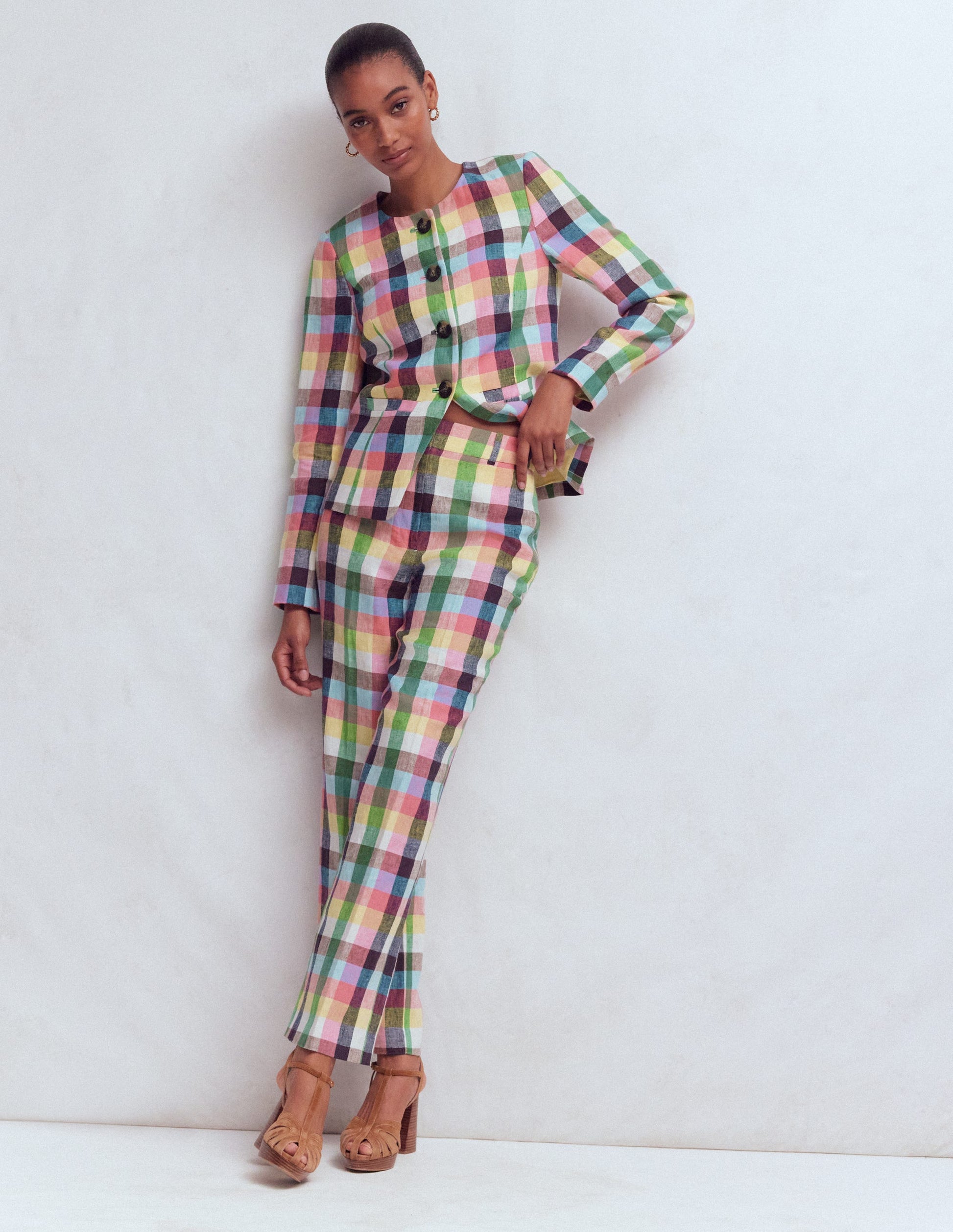 Canonbury 7/8 Linen Pants-Soft Yellow, Pink Multigingham | Boden USA