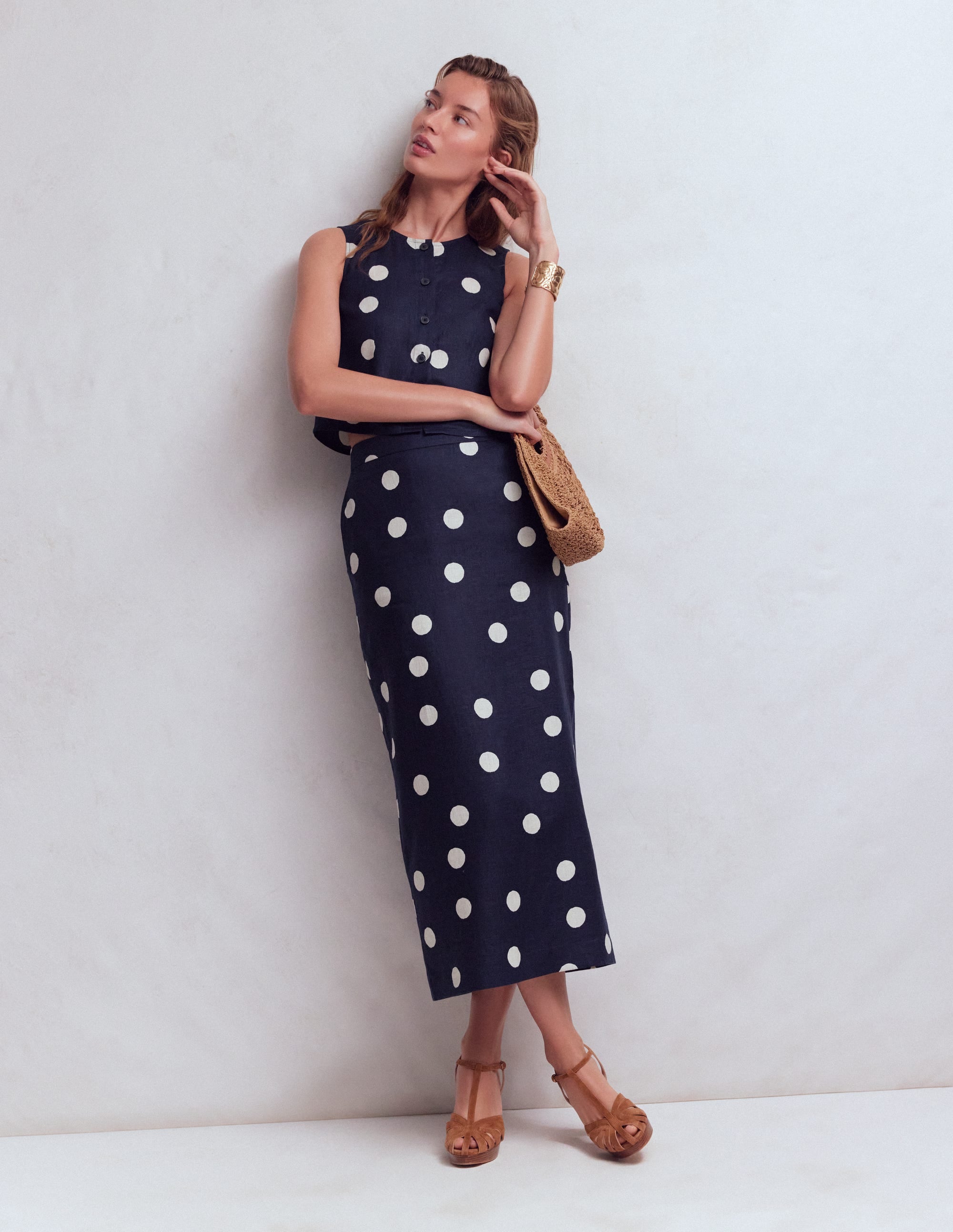Longline Column Skirt-French Navy, Ivory Spot | Boden USA