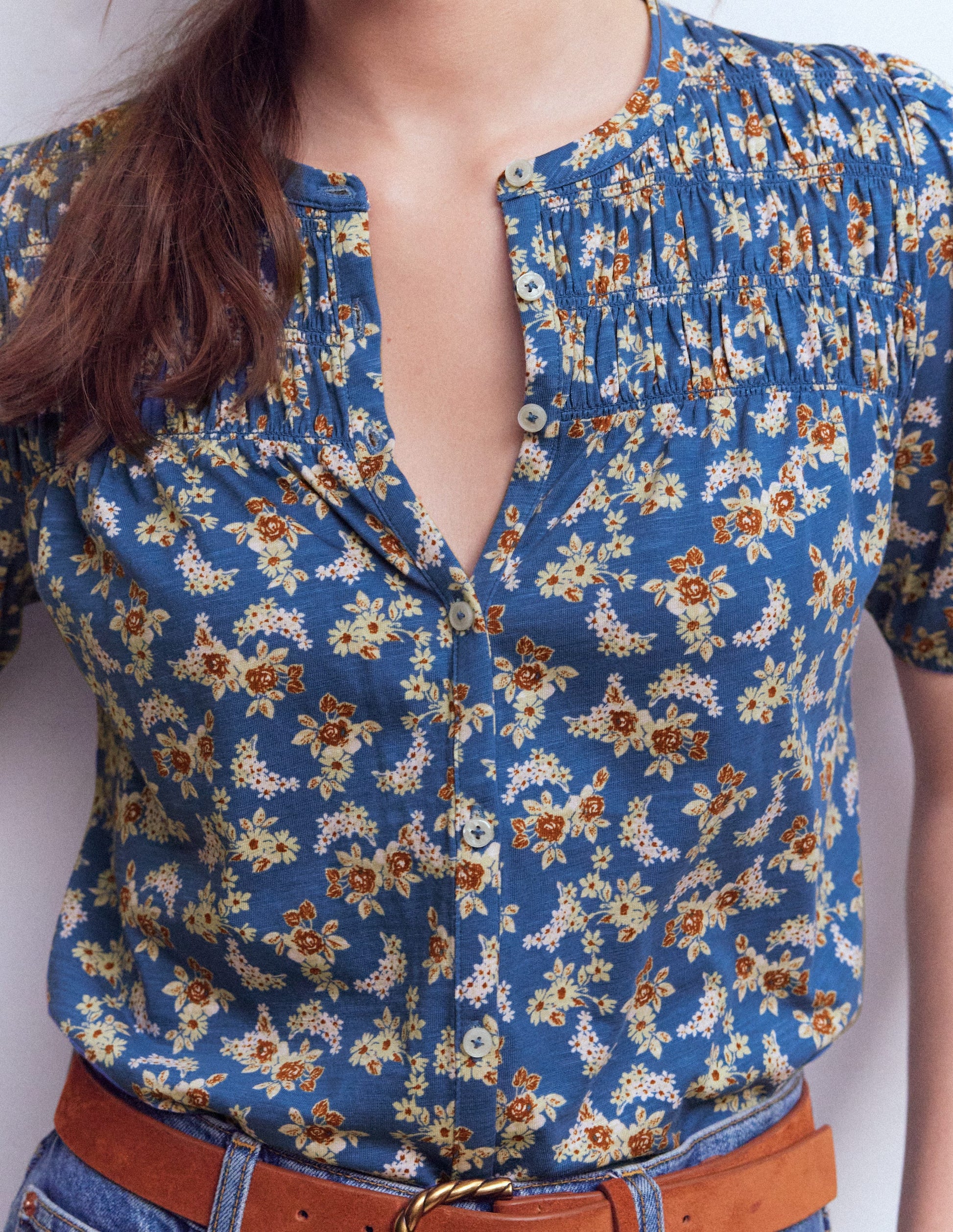 Mya Short Sleeve Smocked Shirt-True Navy, Dainty Blooms | Boden USA